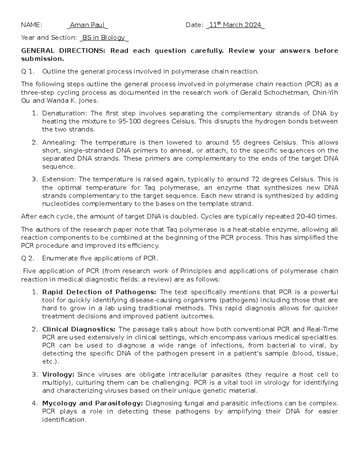 LAB Report 8 - Polymerase Chain Reaction - NAME: Aman Paul Date: _ 11 ...