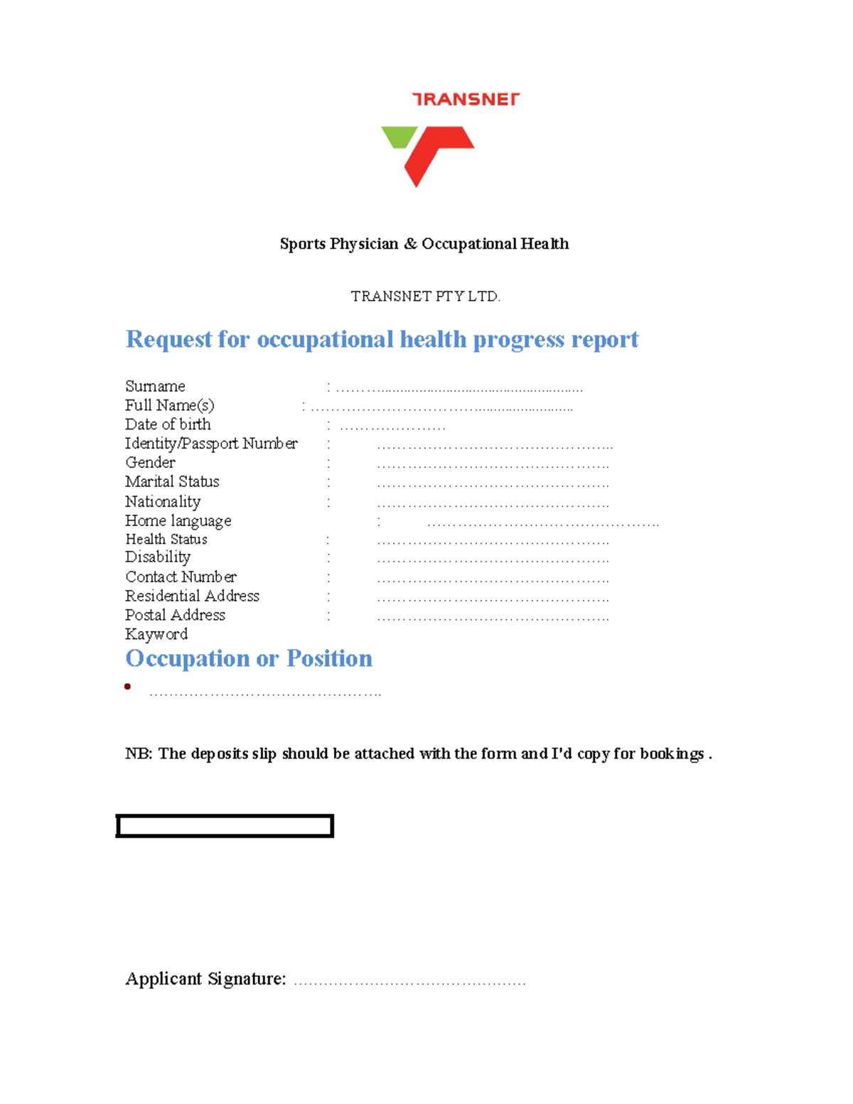 Transnet health and occupational form - Sports Physician & Occupational ...
