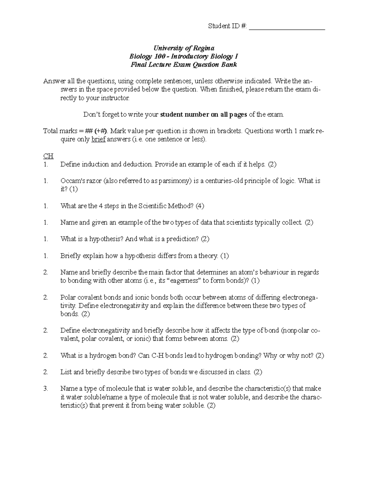 Exam Question Bank - University of Regina Biology 100 - Introductory ...