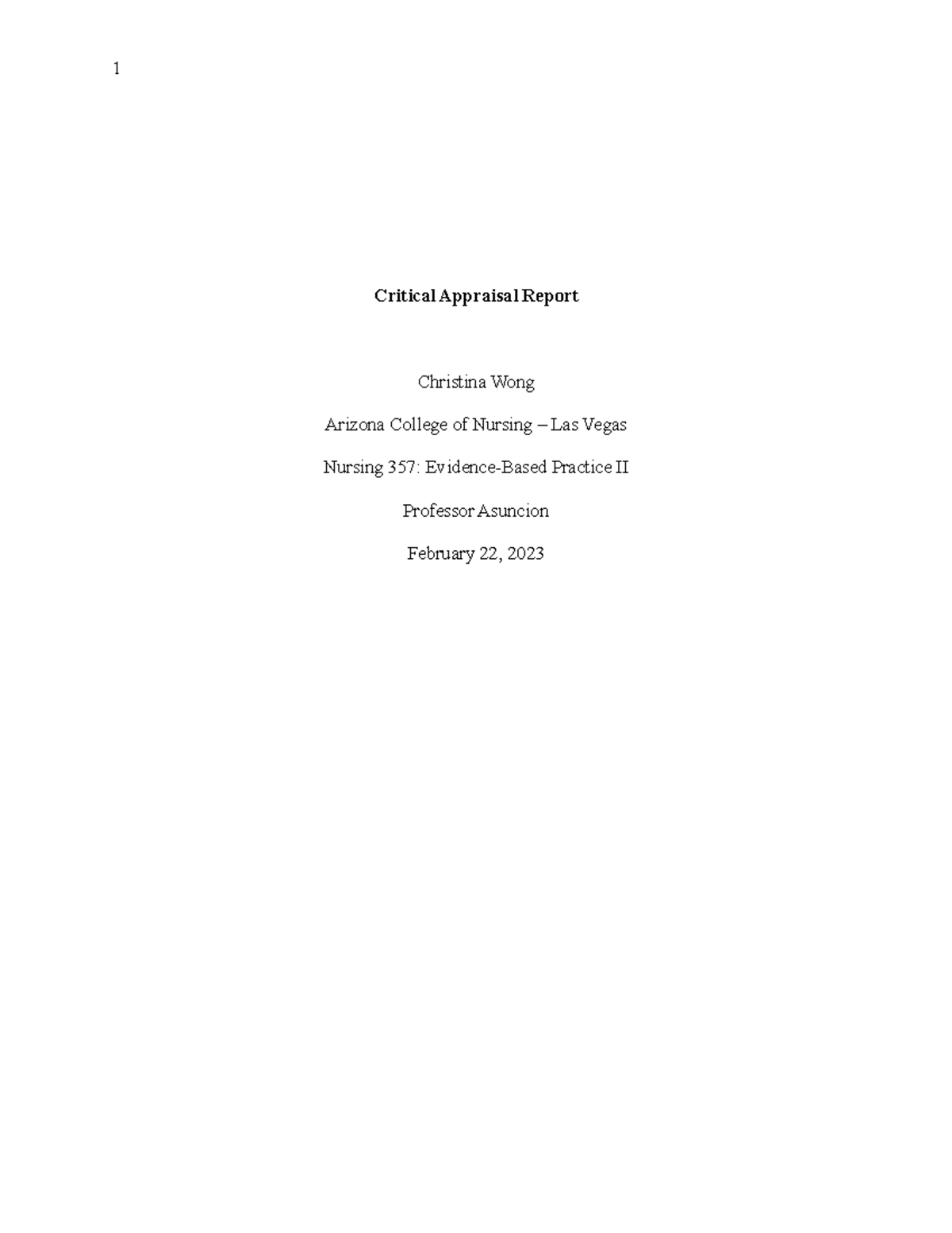 357 Critical Appraisal Report - Critical Appraisal Report Christina ...