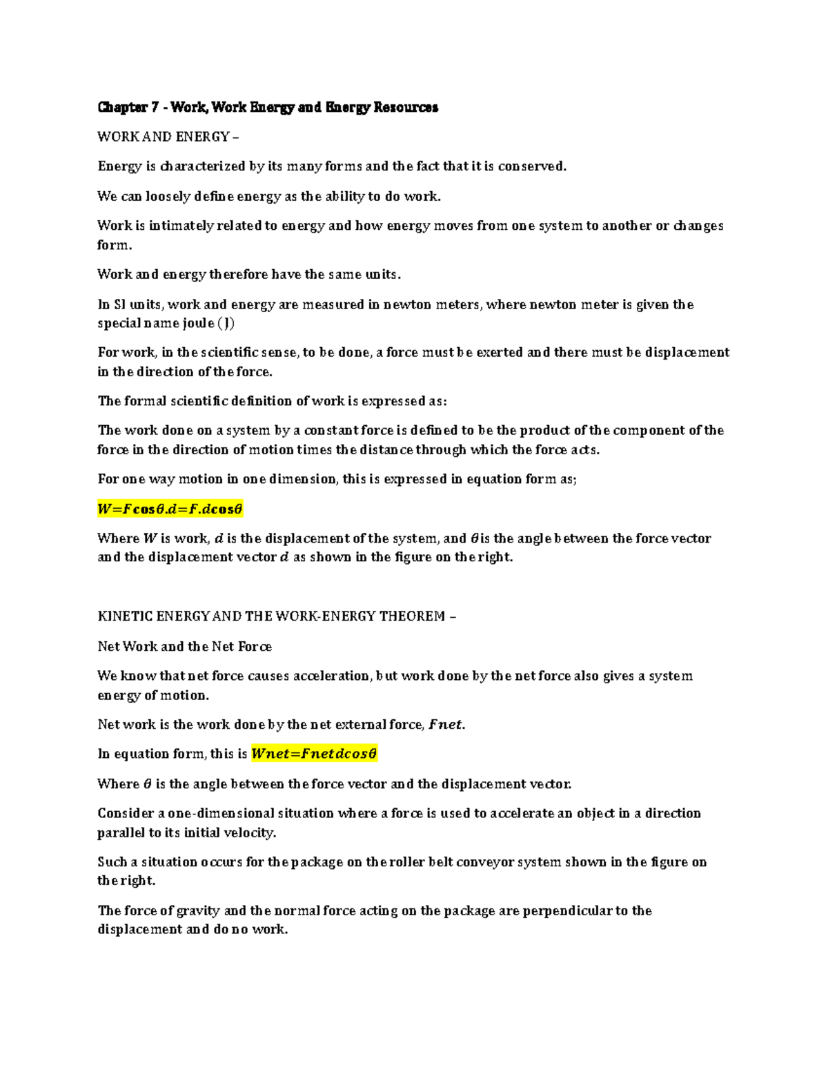 Physics 1111 Chapter 7, 8 and 9 Notes - Chapter 7 - Work, Work Energy ...