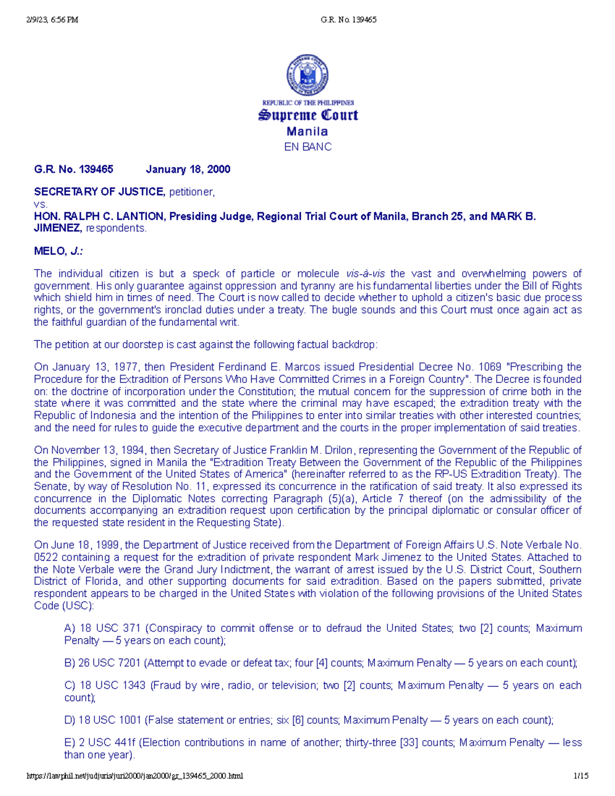 Justice vs Lantion - Case Digest - EN BANC G. No. 139465 January 18 ...