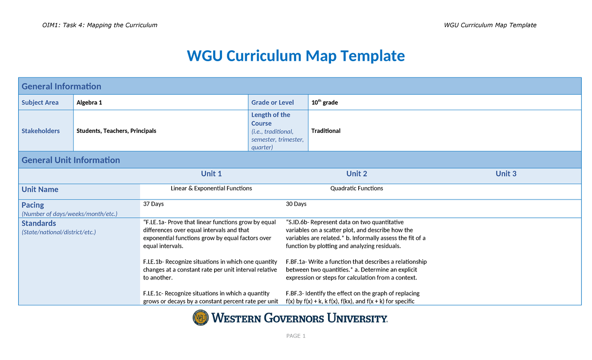 Mapping the Curriculum - WGU Curriculum Map Template General ...