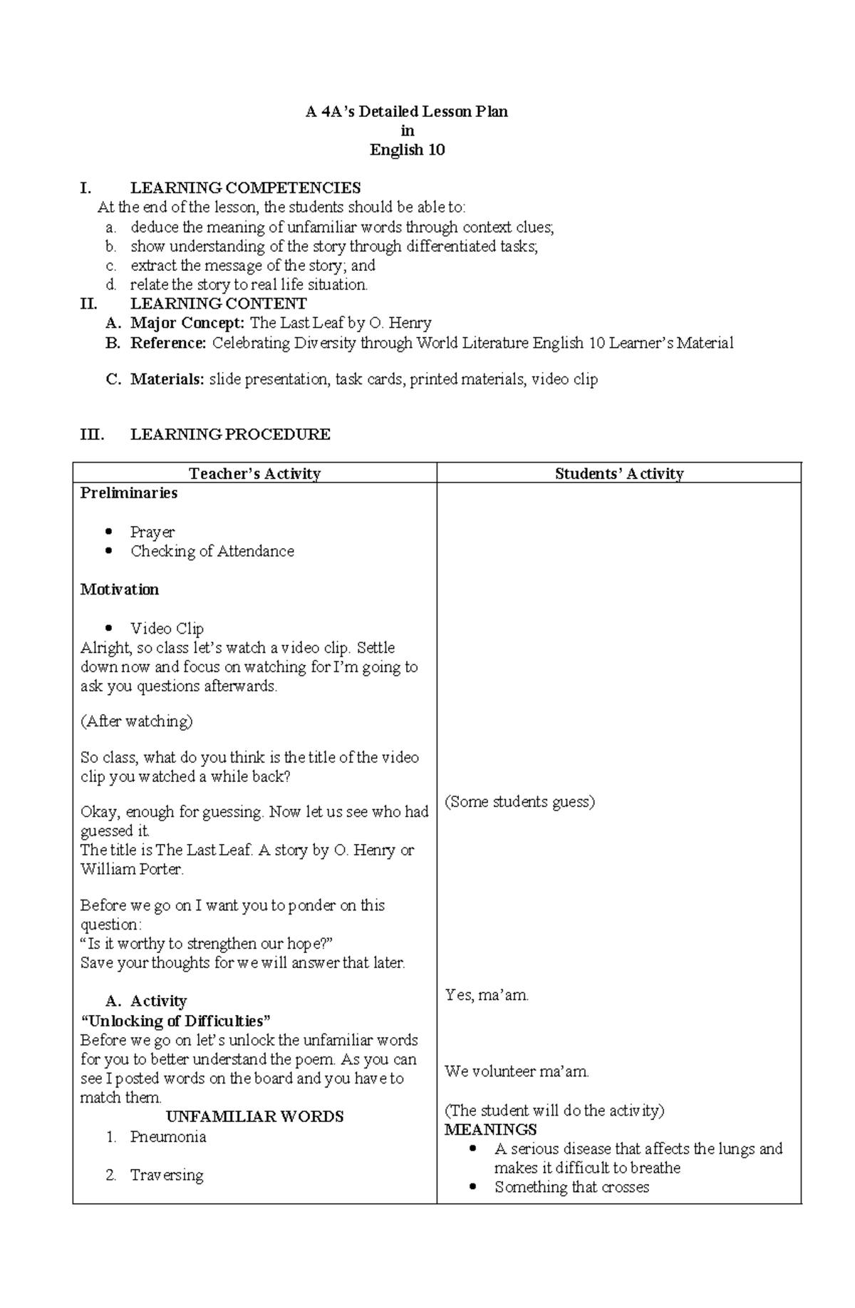 The Last Leaf - A 4A’s Detailed Lesson Plan in English 10 I. LEARNING ...