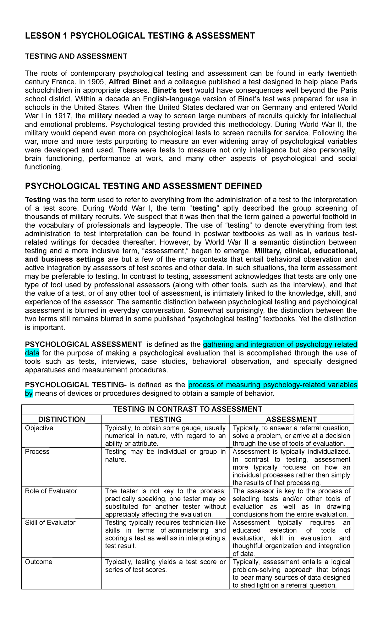 Lesson 1 Psychological Testing - LESSON 1 PSYCHOLOGICAL TESTING ...