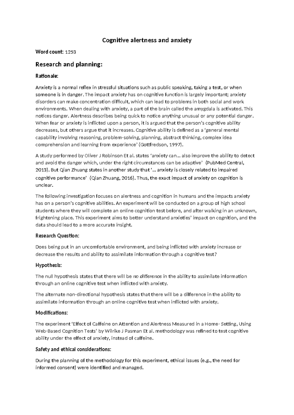 Term 1- psychology student experiment - Cognitive alertness and anxiety ...