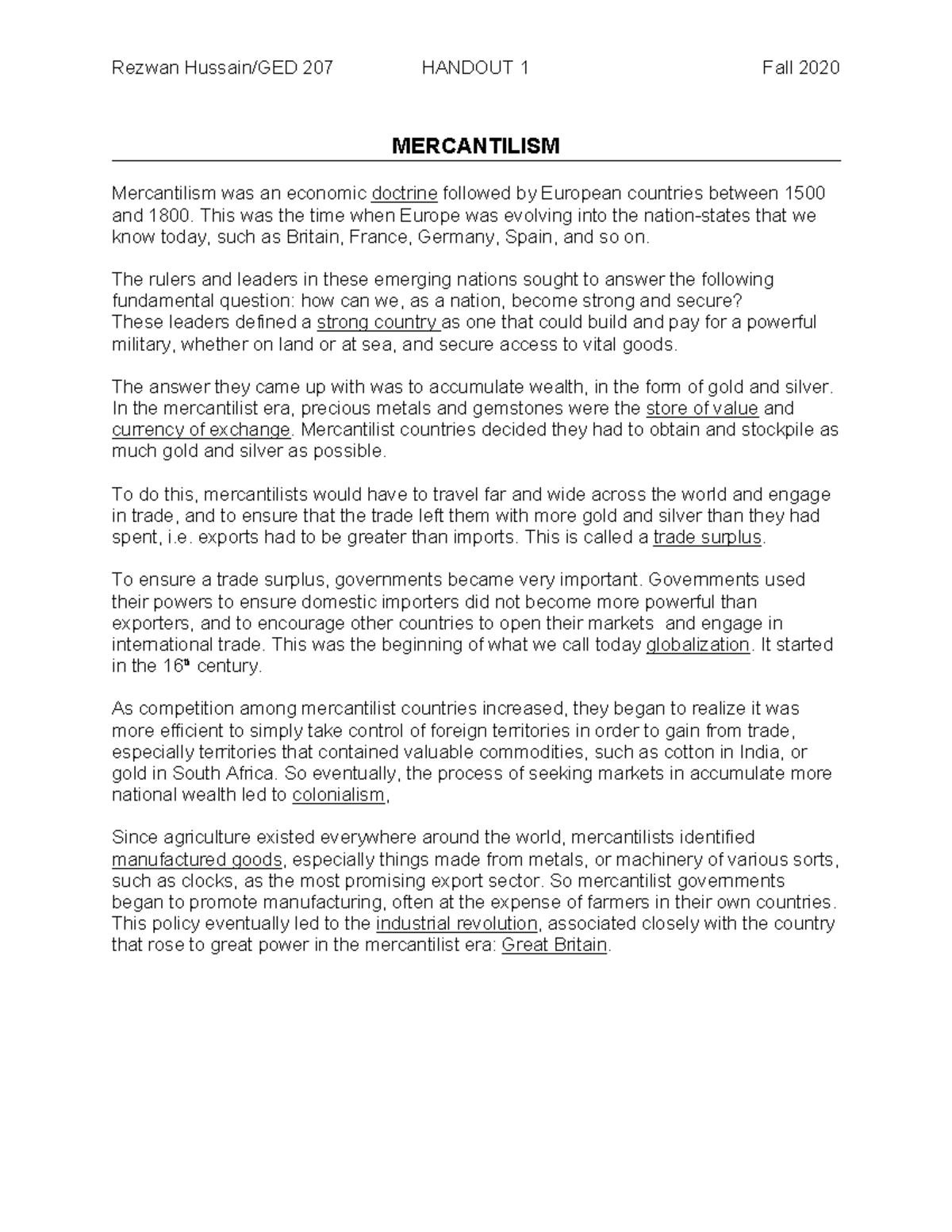Mercantalism and Free mareket - Rezwan Hussain/GED 207 HANDOUT 1 Fall ...
