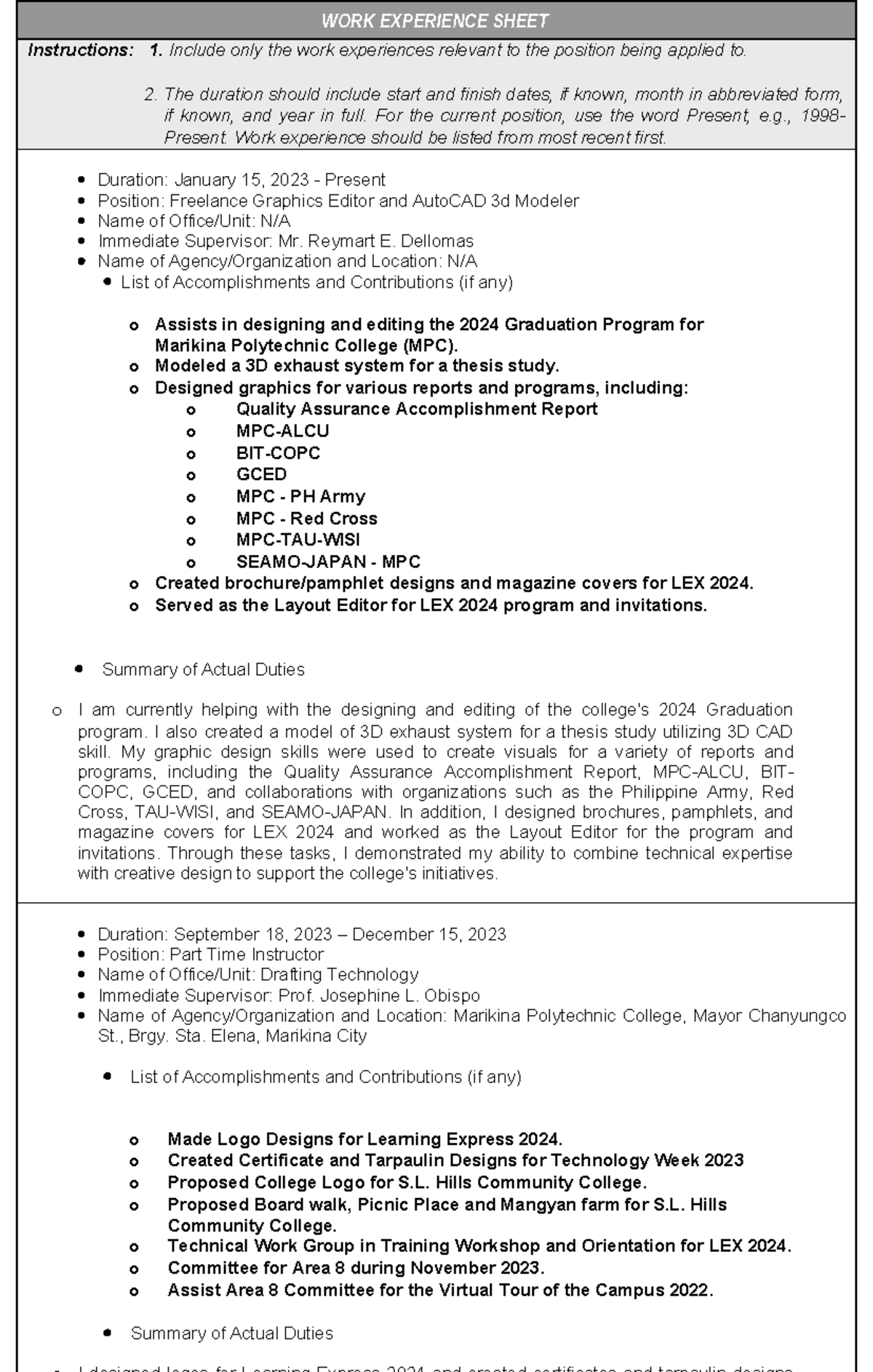 WORK Experience Sheet kerl - Attachment to CS Form No. 212 WORK ...