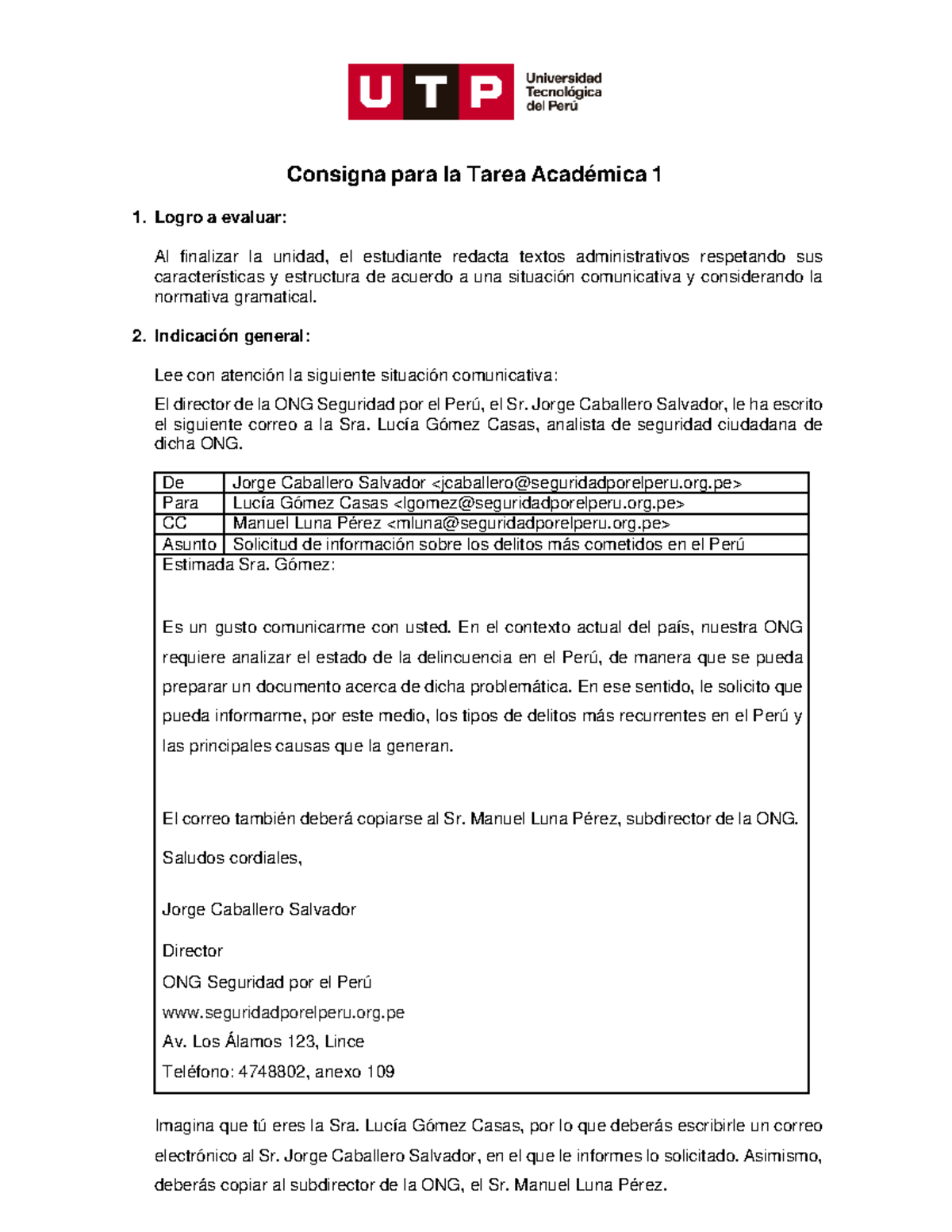 TA1 Comprension Y Redaccion DE Textos - Consigna para la Tarea Académica 1 Logro a evaluar: Al ...