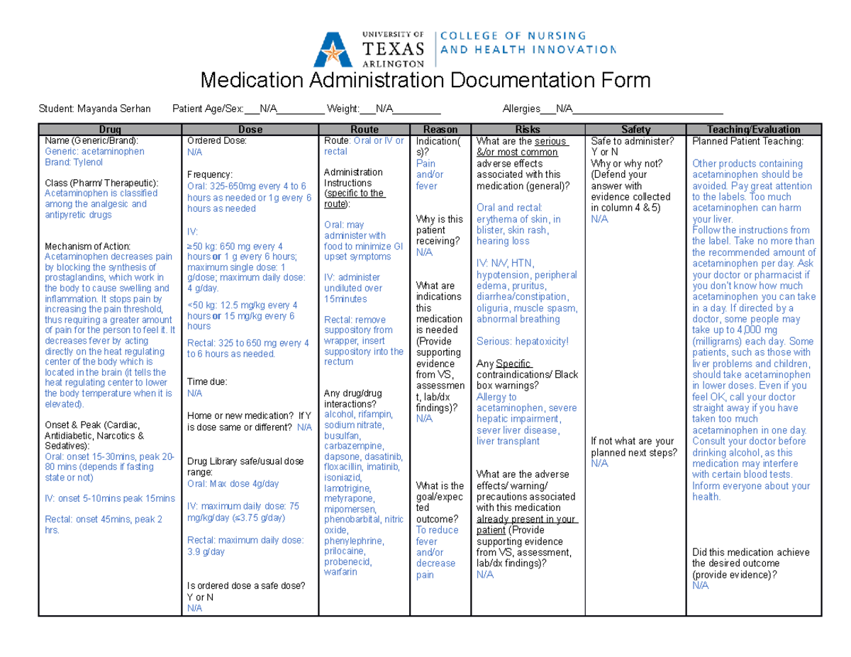 Acetaminophen - medication - Medication Administration Documentation ...