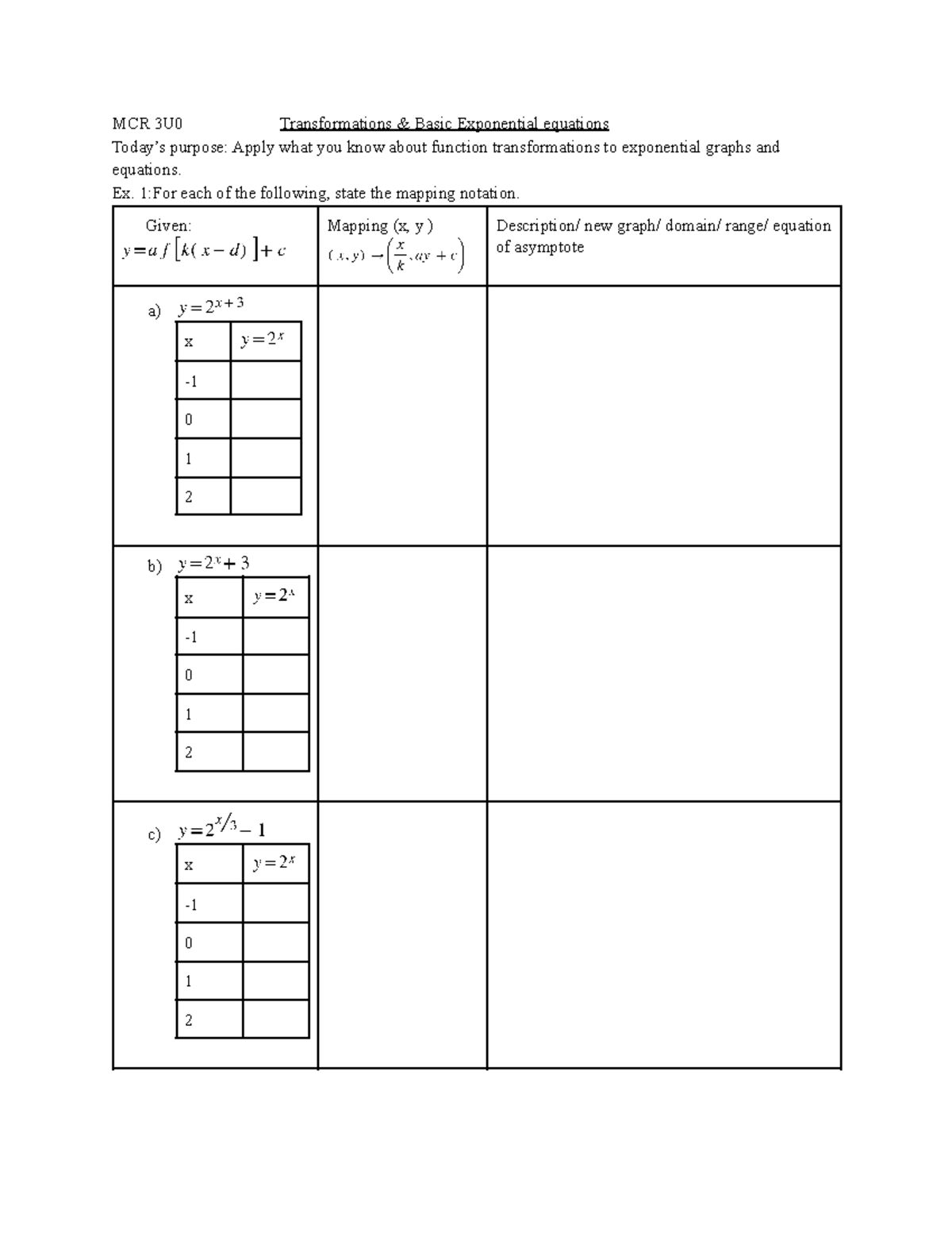 MCR 3U0Transformations & Basic Exponential equations - MCR 3U0 ...