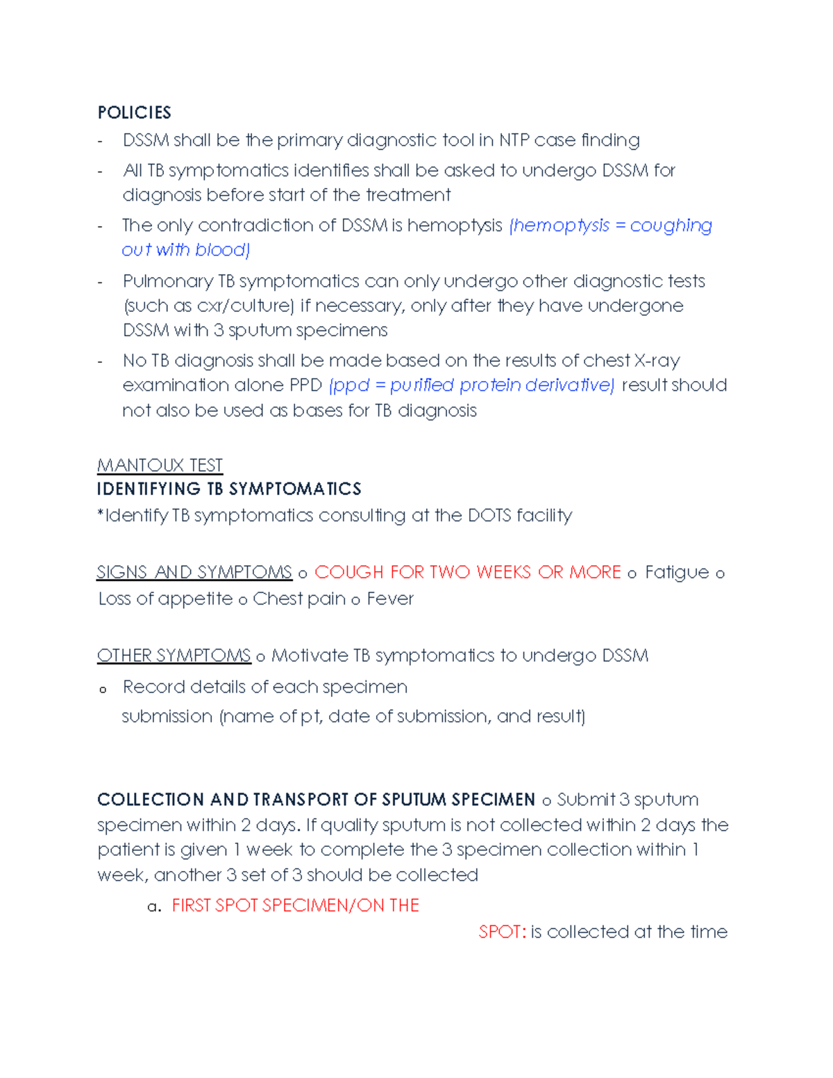 Mantoux TEST - summary - POLICIES - DSSM shall be the primary ...