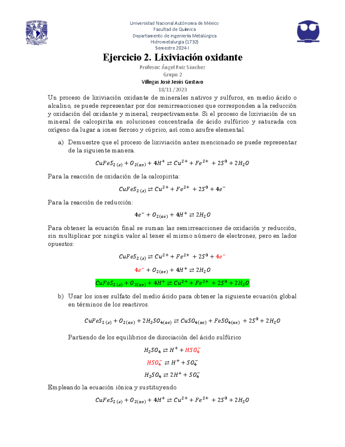 Ejercicio 2 hidro - Universidad Nacional Autónoma de México Facultad de Química Departamento de ...