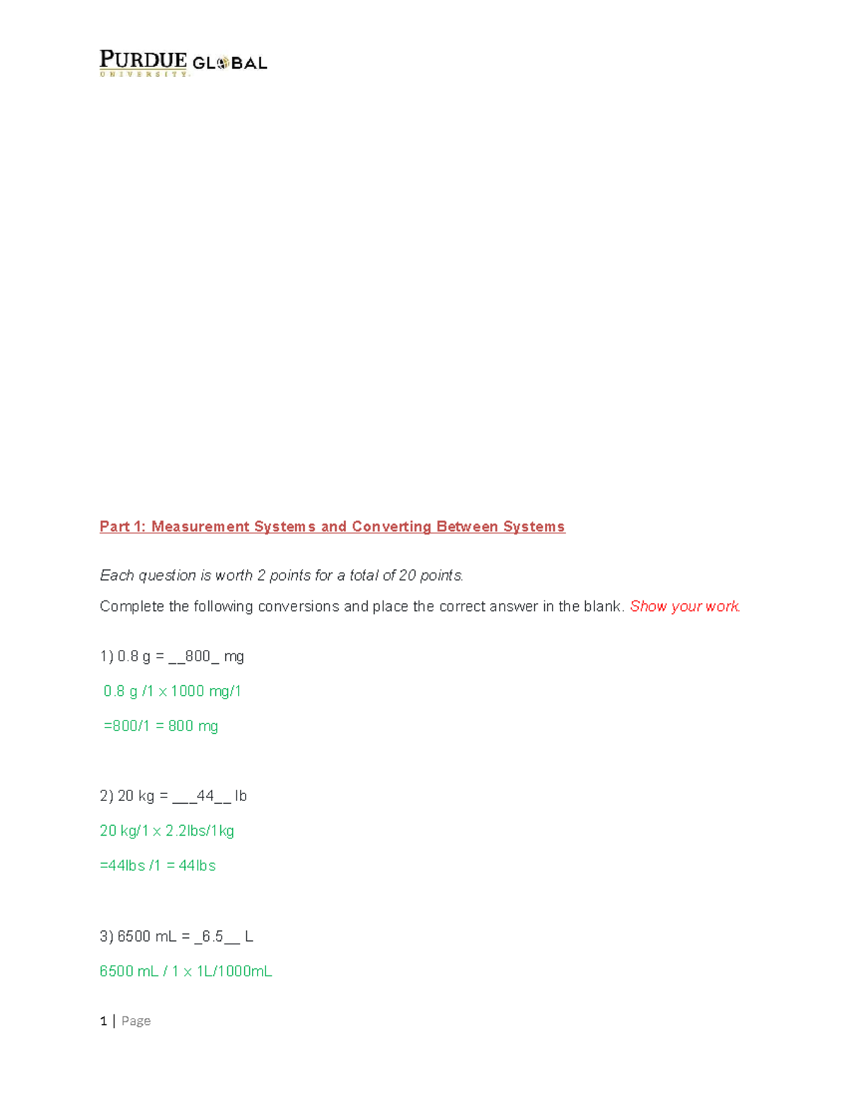 HS140 Unit6 Assignment - Part 1: Measurement Systems and Converting ...