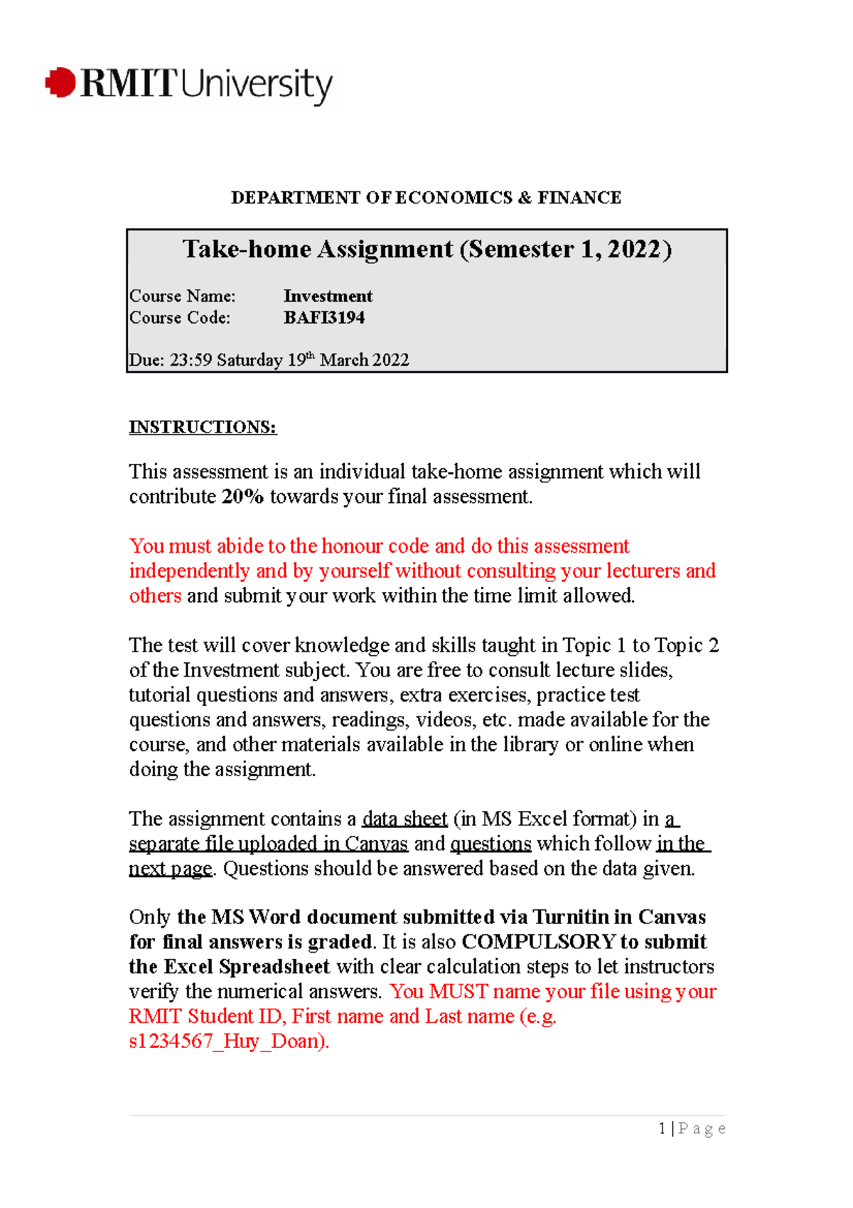 BAFI3194 Take-home assignment S12022 - DEPARTMENT OF ECONOMICS ...