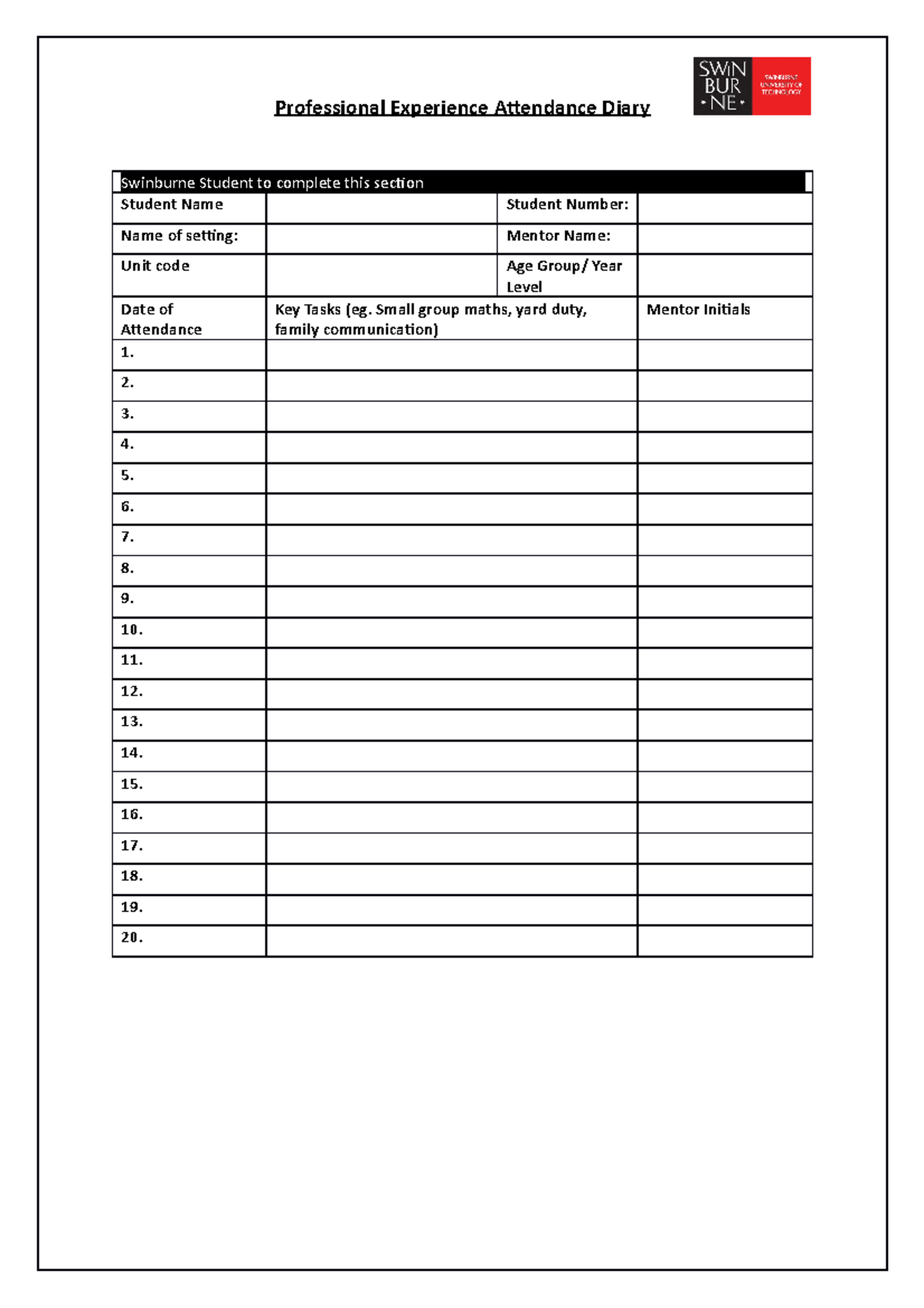 PE Attendance Diary - Atttendance - Professional Experience Attendance Diary Swinburne Student ...