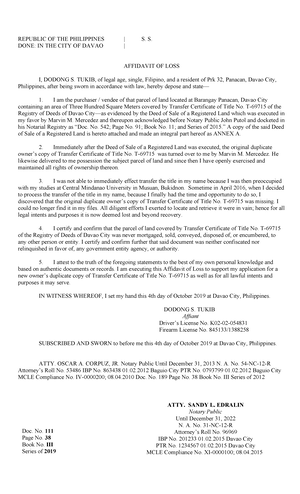 168494475 Sample Affidavit of Lost Title - REPUBLIC OF THE PHILIPPINES ...