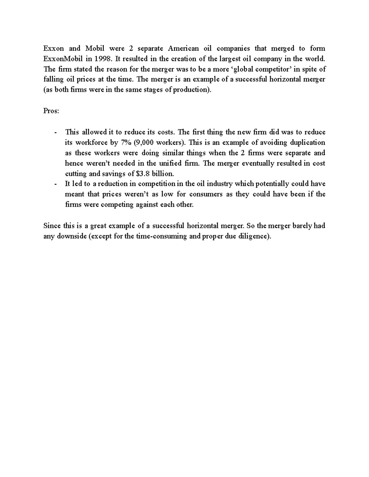 Merger Case study Exxon and Mobil - Exxon and Mobil were 2 separate ...