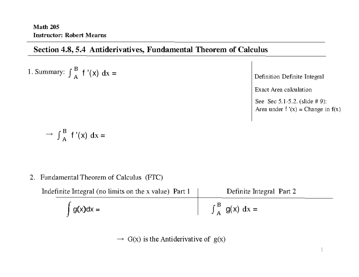Note Outline Sec 5.4-4.8 FTC Antiderivative - ####### 1 ∫ f ʹ( x ...