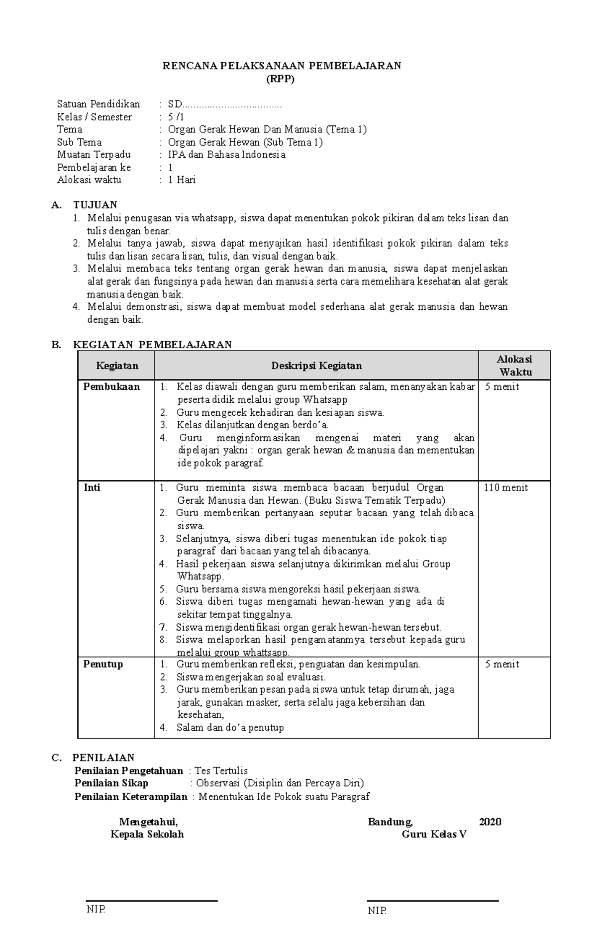 RPP Daring KLS 5 TEMA 1 ST 1 - Copy - RENCANA PELAKSANAAN PEMBELAJARAN (RPP) Satuan Pendidikan ...