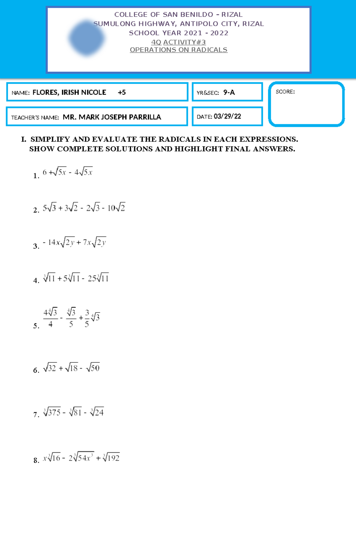 4Q A3 Operations on Radicals (Auto Recovered) - COLLEGE OF SAN BENILDO ...