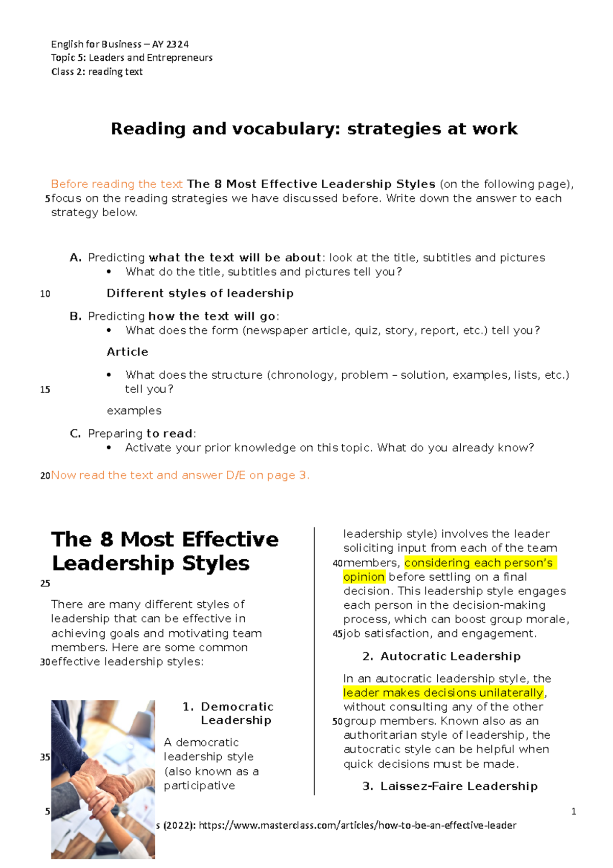 Leaders and Entrepreneurs - reading text - Topic 5: Leaders and ...