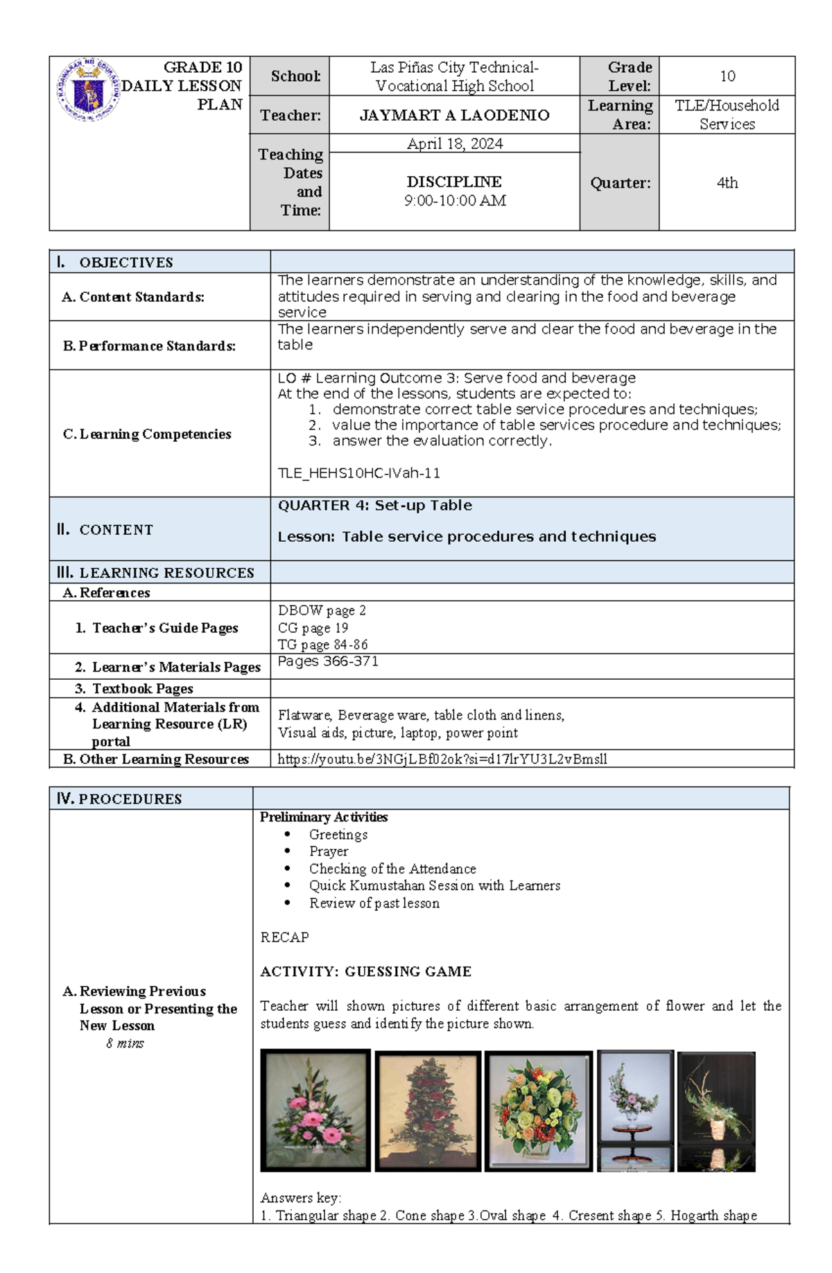 DLP- Table Services (Apr 18) - GRADE 10 DAILY LESSON PLAN School: Las ...