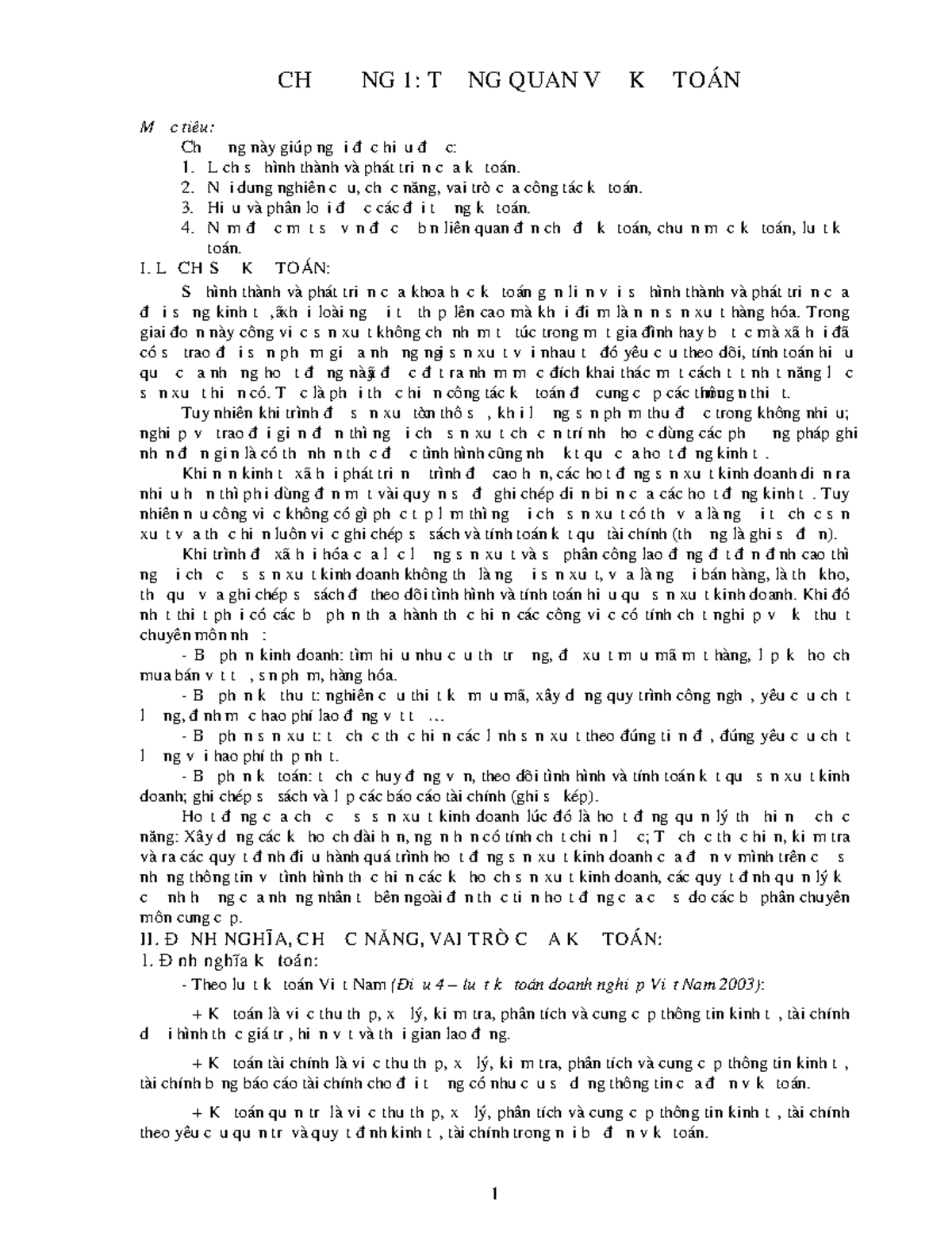 NLKT Tóm tắt - sfsfđ - CH ̄ ¡ NG 1: TÞ NG QUAN VÞ K¾ TOÁN Mÿ c tiêu: Ch± ¡ ng này giúp ng±ßi ßc ...