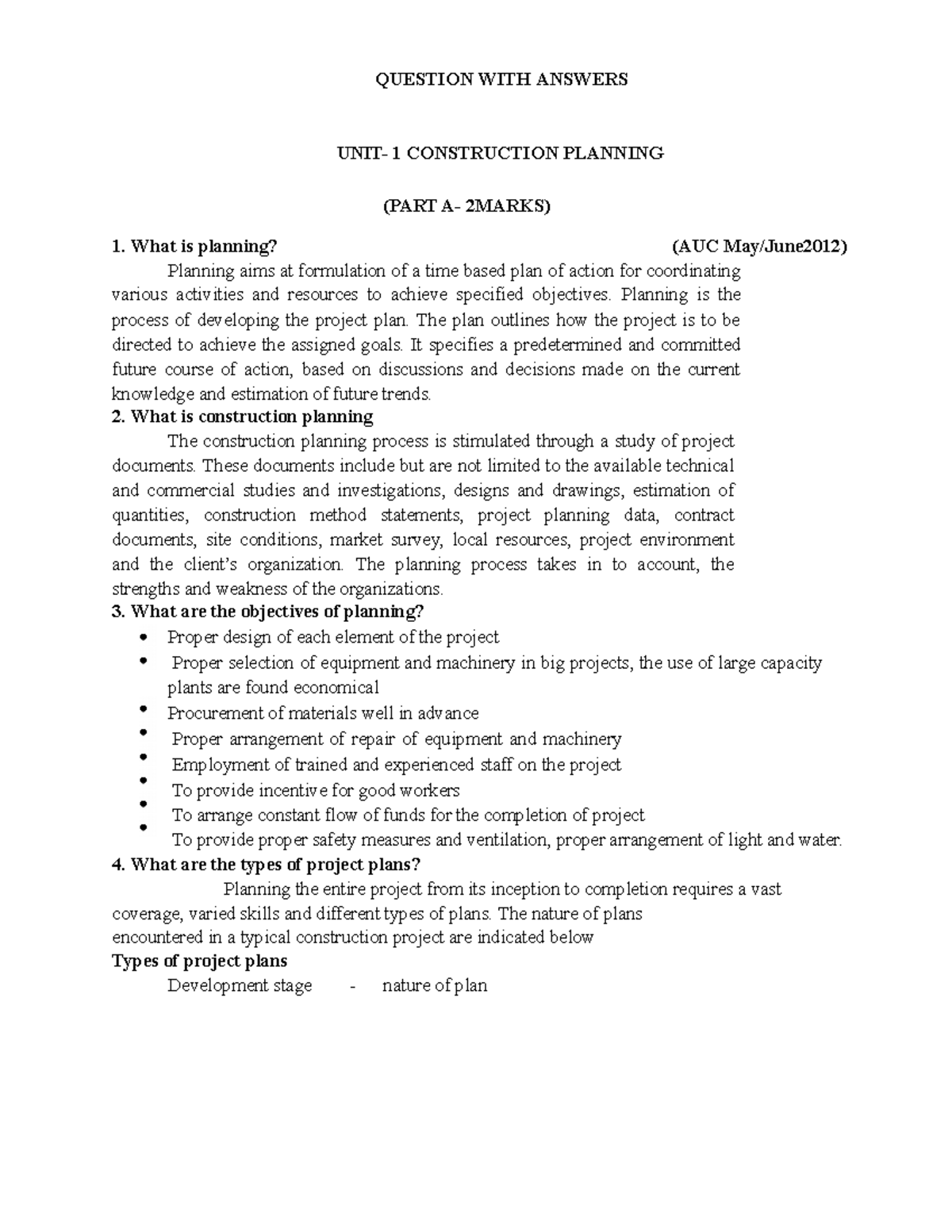 Unit-1 - Construction planning and scheduling - QUESTION WITH ANSWERS ...
