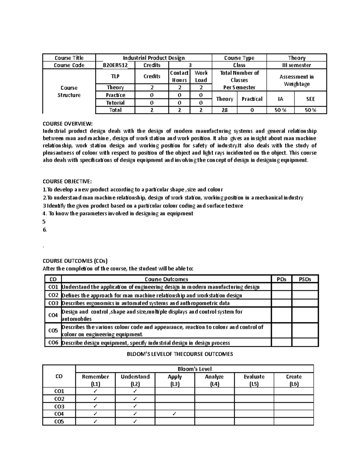 Industrial product design scheme of evaluation - Course Title ...