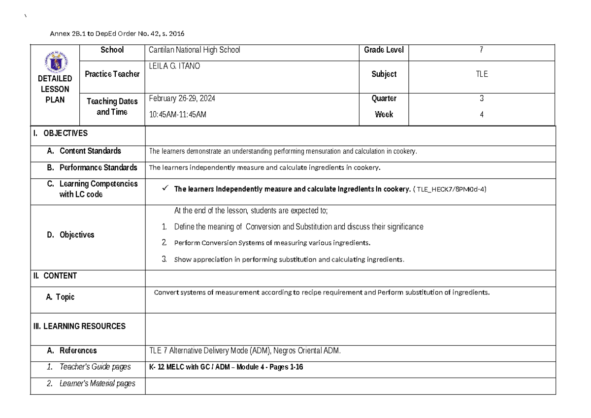 DLL-TLE-7- Regular Q3 WK4 - \ Annex 2B to DepEd Order No. 42, s. 2016 ...