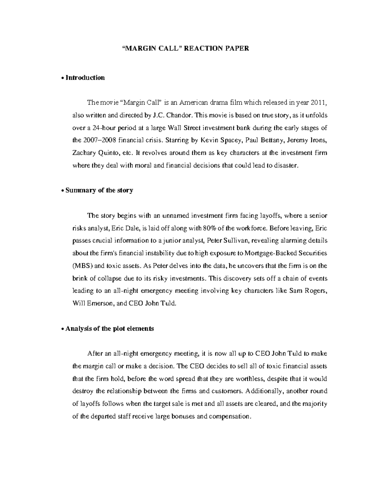 Margin Call Movie - Reaction Paper - “MARGIN CALL” REACTION PAPER ...