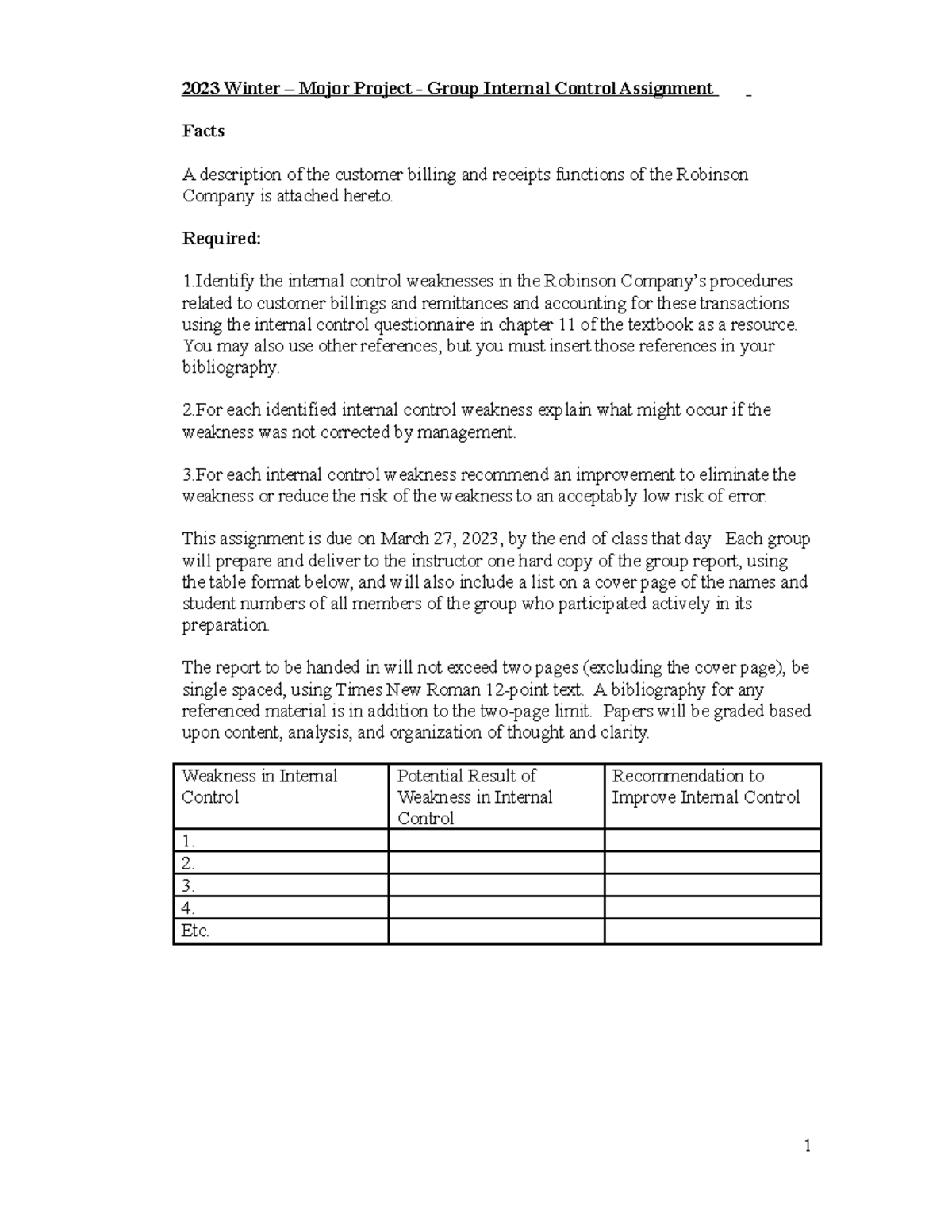 Major Project - Group Internal Control Assign - 2023 Winter – Mojor ...