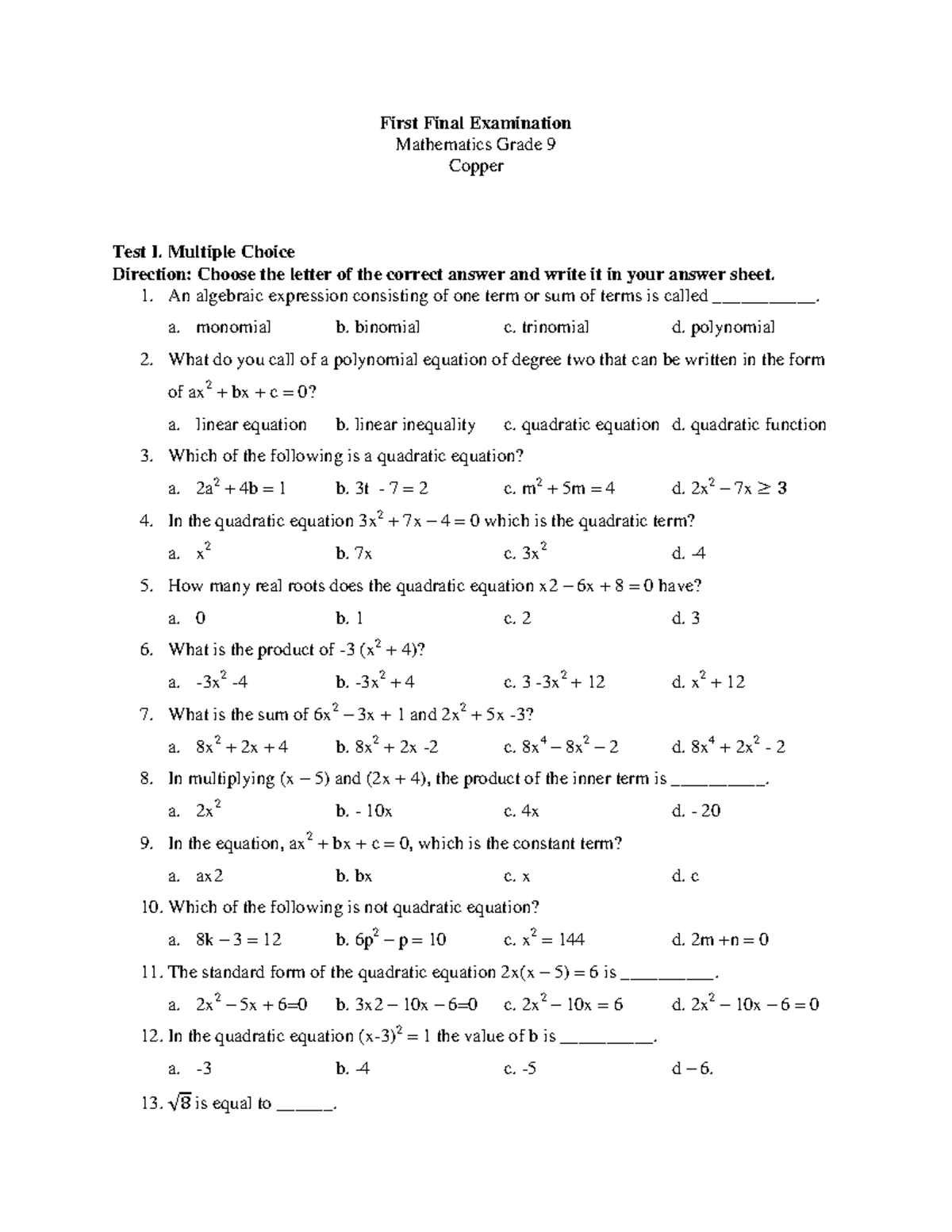 236459053 First Final Examination Math Grade 9 - First Final ...