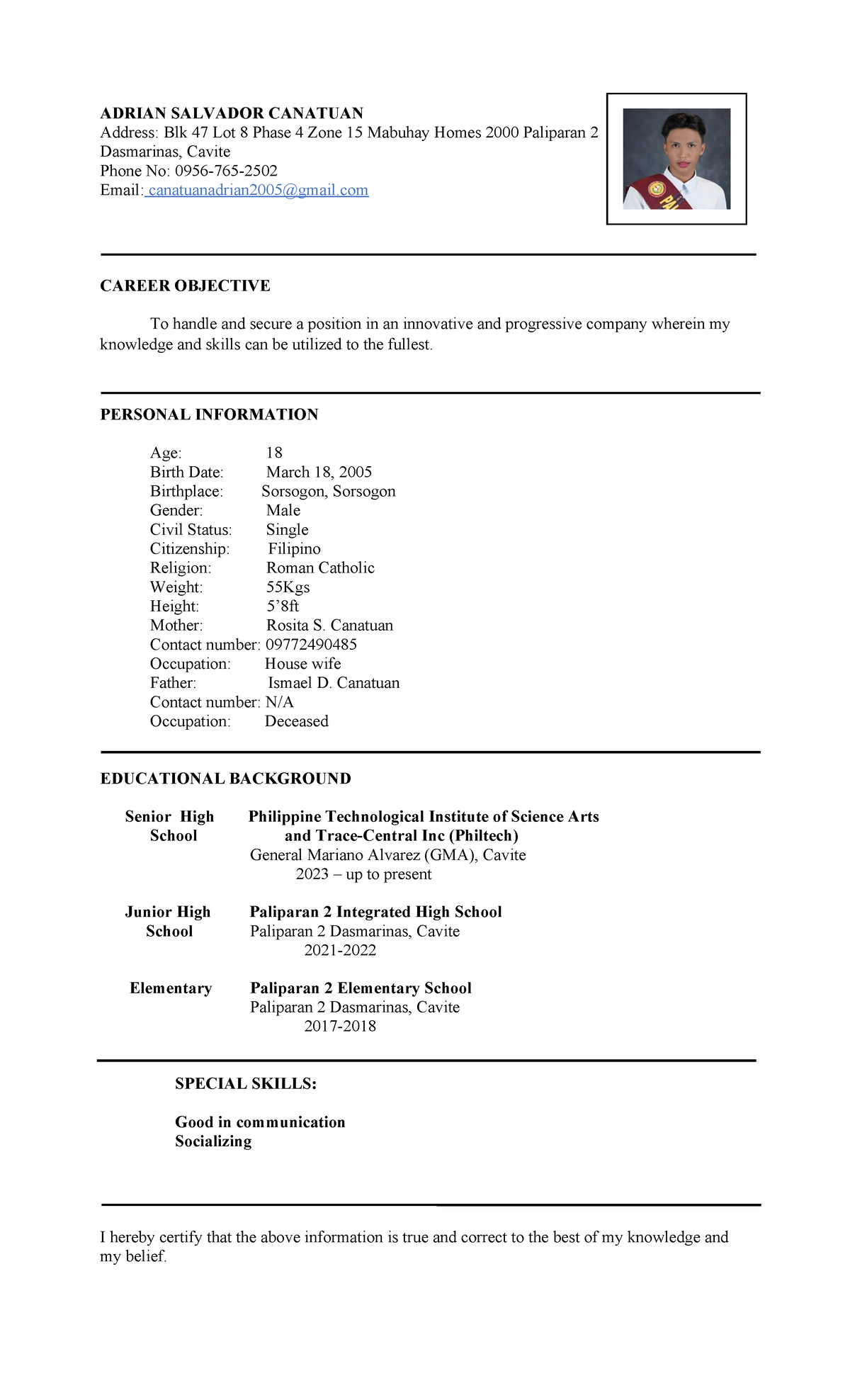 Inbound 12345667889 - ADRIAN SALVADOR CANATUAN Address: Blk 47 Lot 8 ...