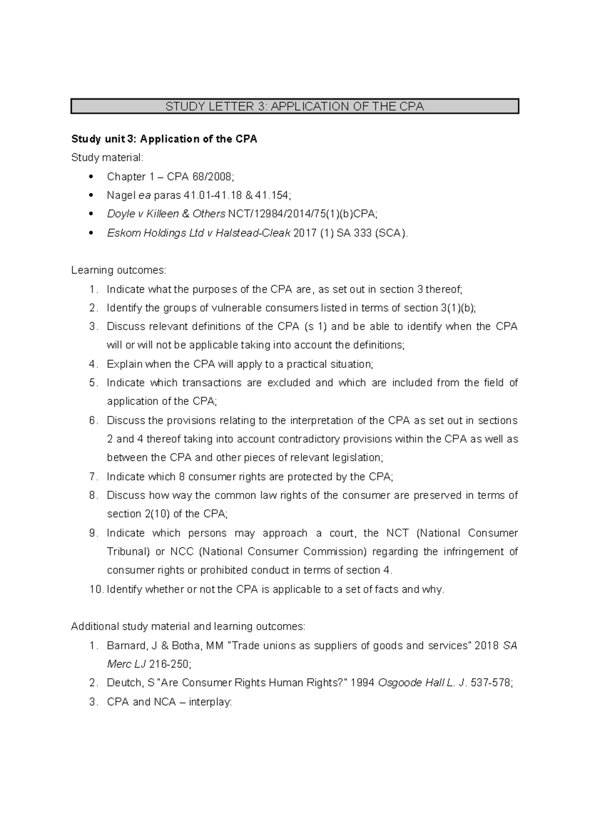 Study Letter 3 - Application of CPA - STUDY LETTER 3: APPLICATION OF ...