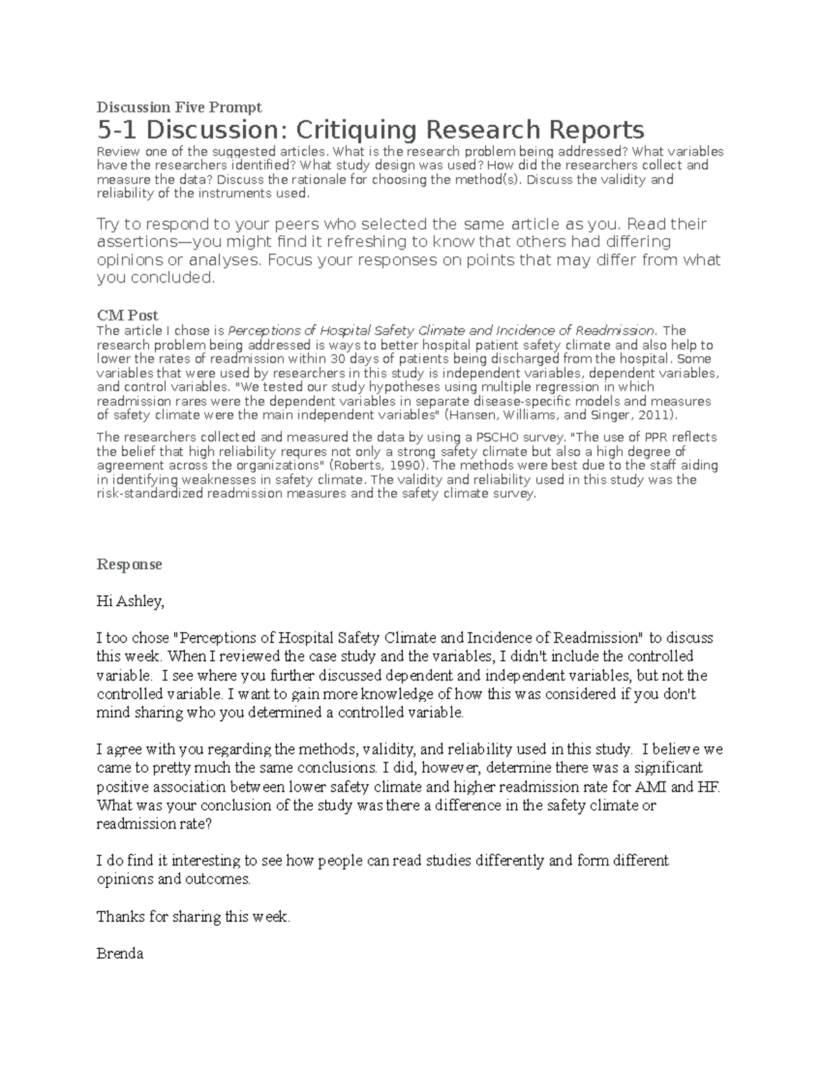 M5 diss post b - Discussion Five Prompt Discussion: Critiquing Research ...