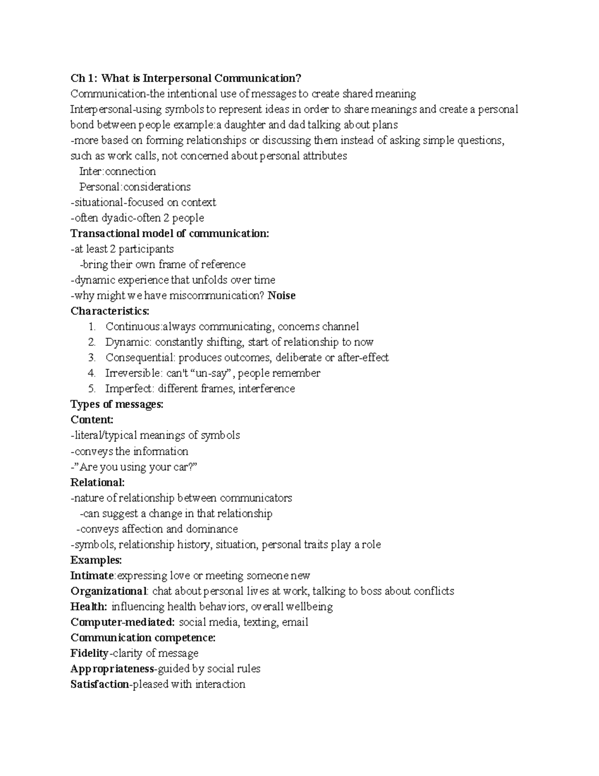 Comm 312 Notes - prof. sarah devereux - Ch 1: What is Interpersonal ...