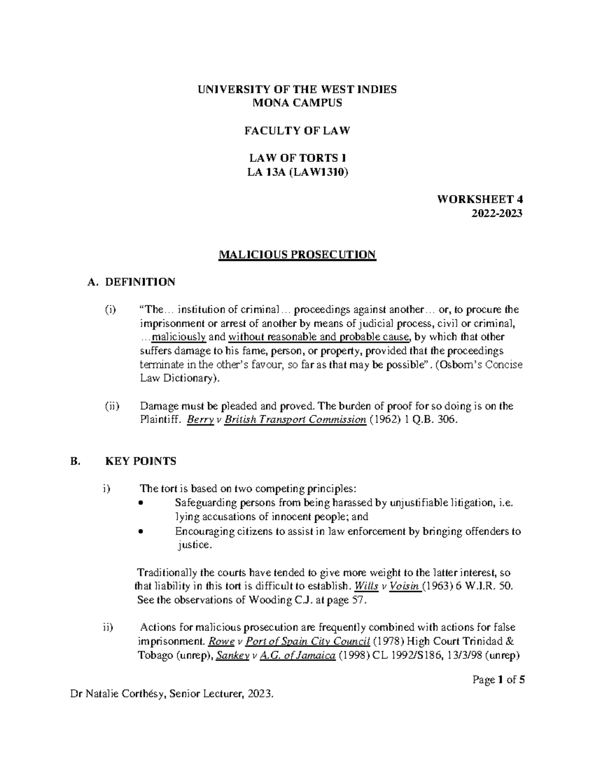Tort I Worksheet 4 2023 - Page 1 of 5 UNIVERSITY OF THE WEST INDIES ...