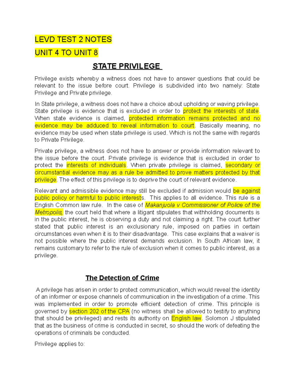 LEVD Notes - LEVD TEST 2 NOTES UNIT 4 TO UNIT 8 STATE PRIVILEGE ...
