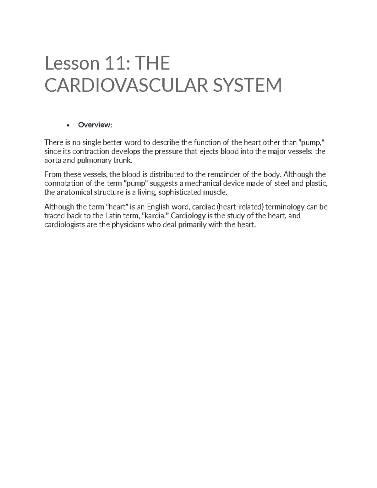 Lesson 11 - cardiovasular system - Lesson 11: THE CARDIOVASCULAR SYSTEM ...