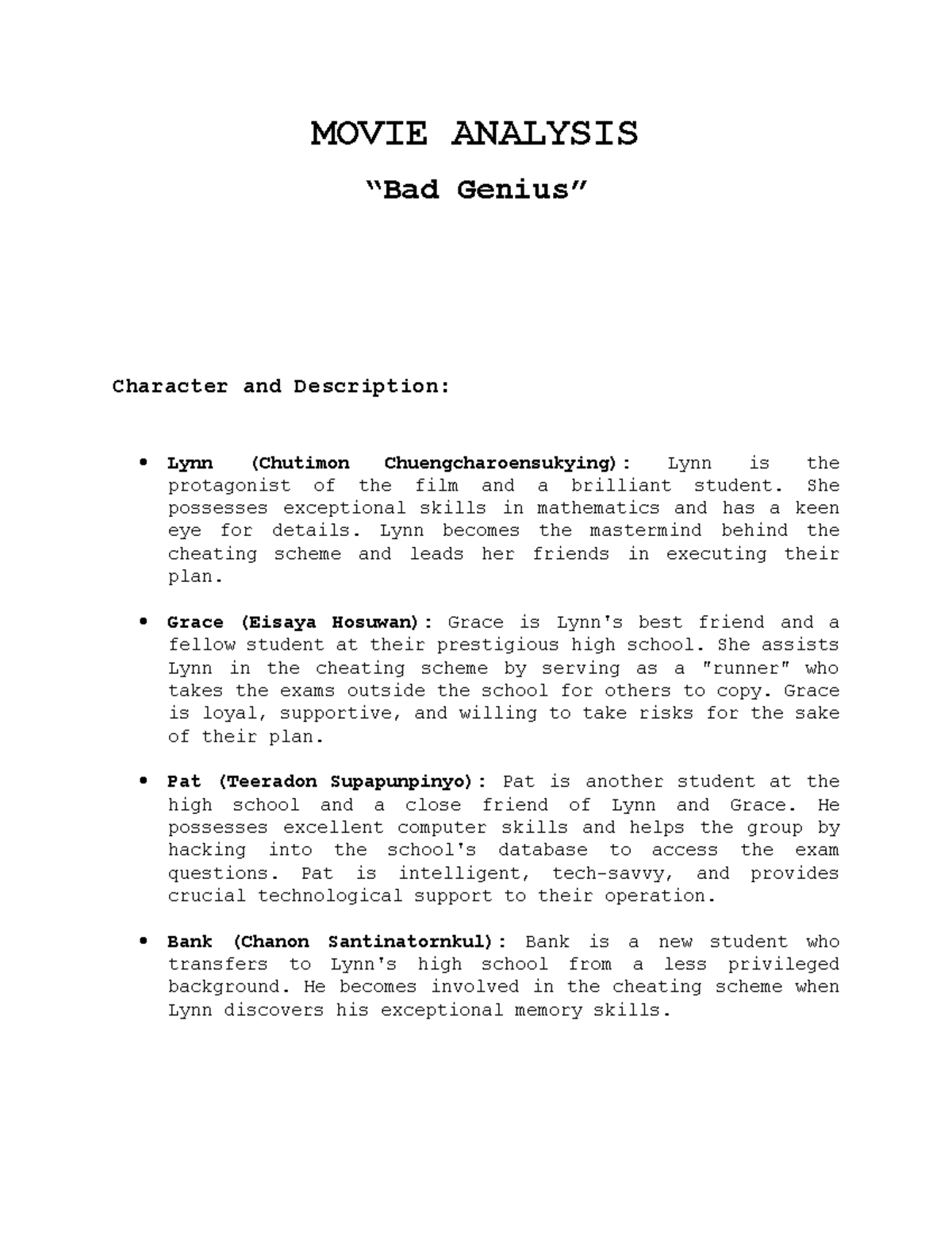 Ivan project - yeah - MOVIE ANALYSIS “Bad Genius” Character and ...