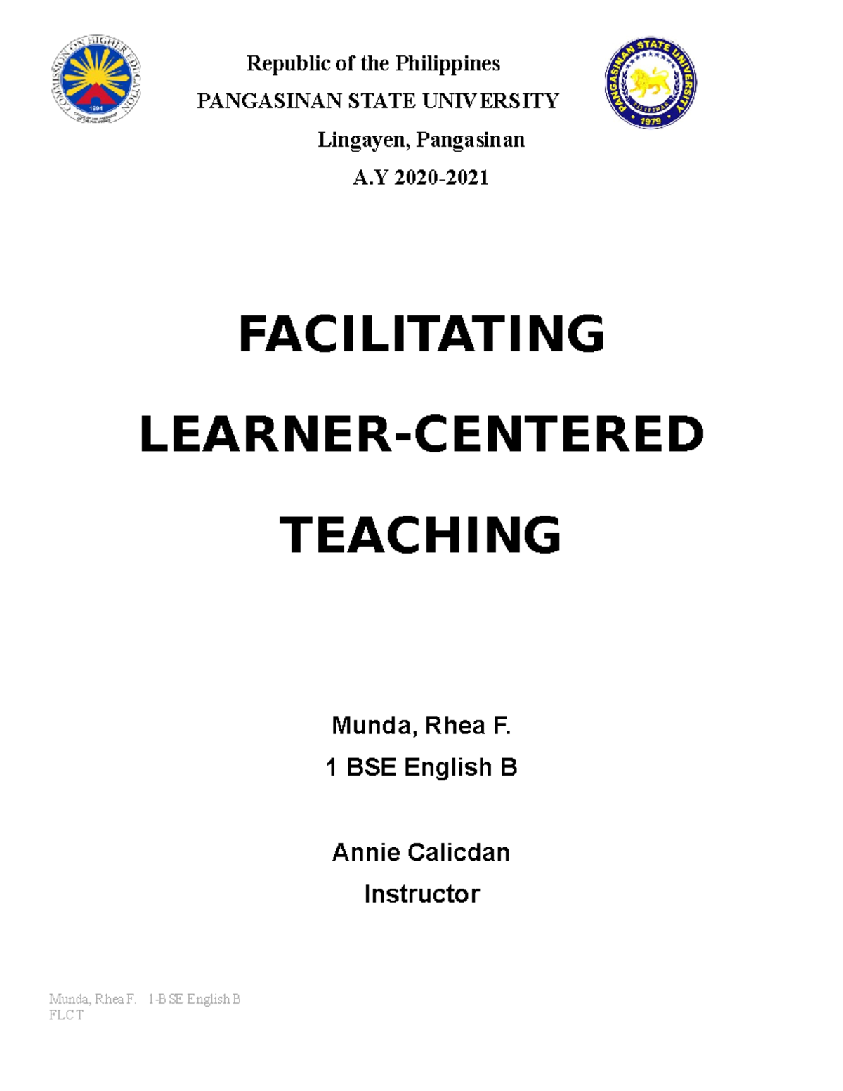 FLCT- Final COPY - Lecture notes 1-10 - Facilitating Learner Centered ...