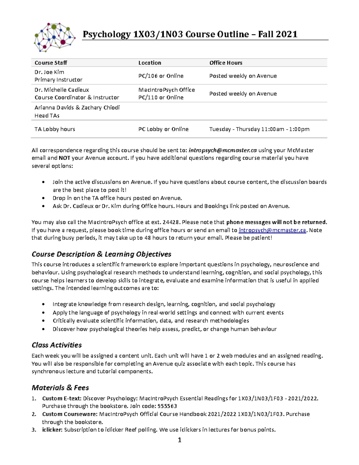 1X03 - syllabus - mcmaster - Psychology 1X03/1N03 Course Outline – Fall ...