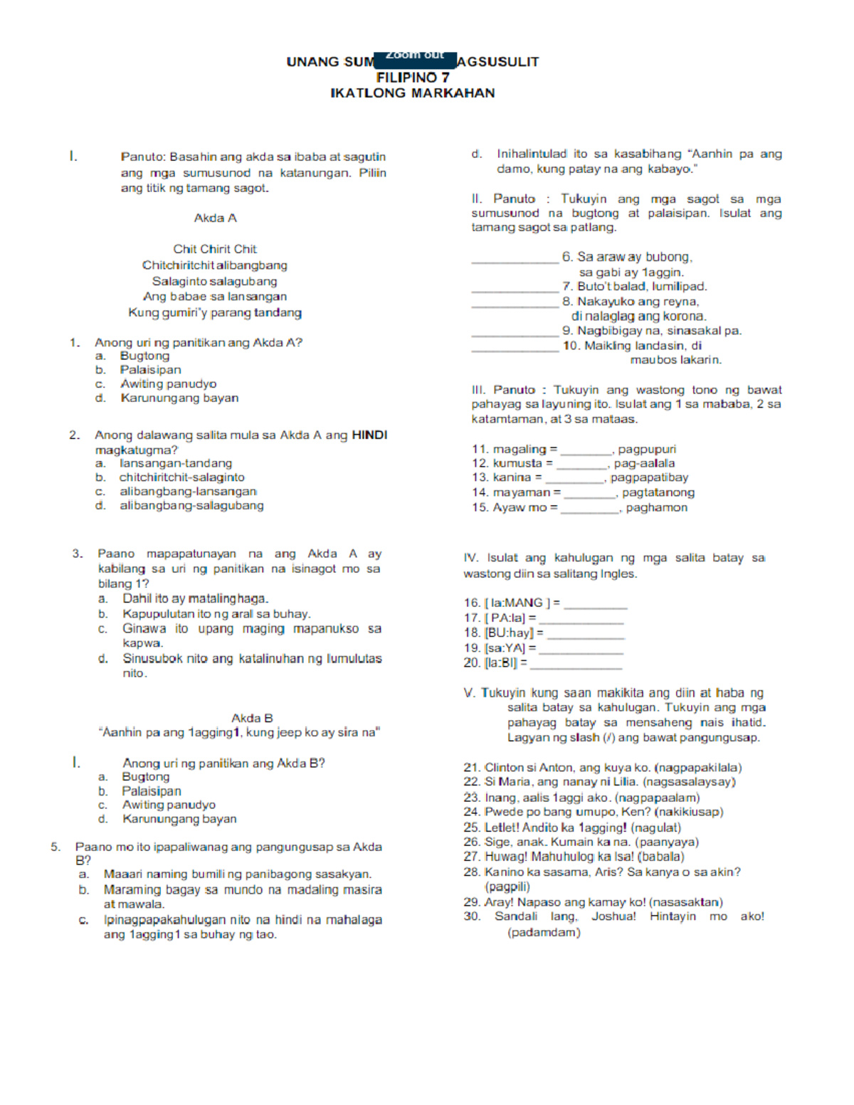 LONG QUIZ Filipino 3rd Q - Language Education Research - Studocu