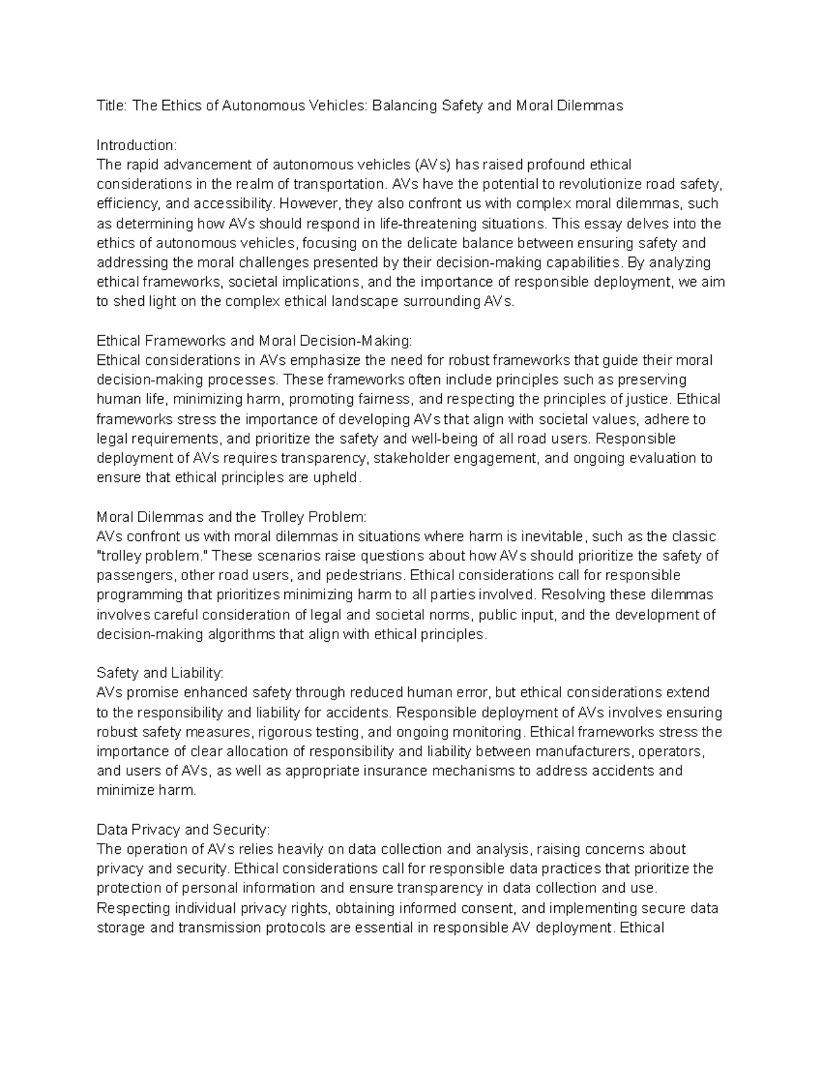 Title The Ethics of Autonomous Vehicles Balancing Safety and Moral ...