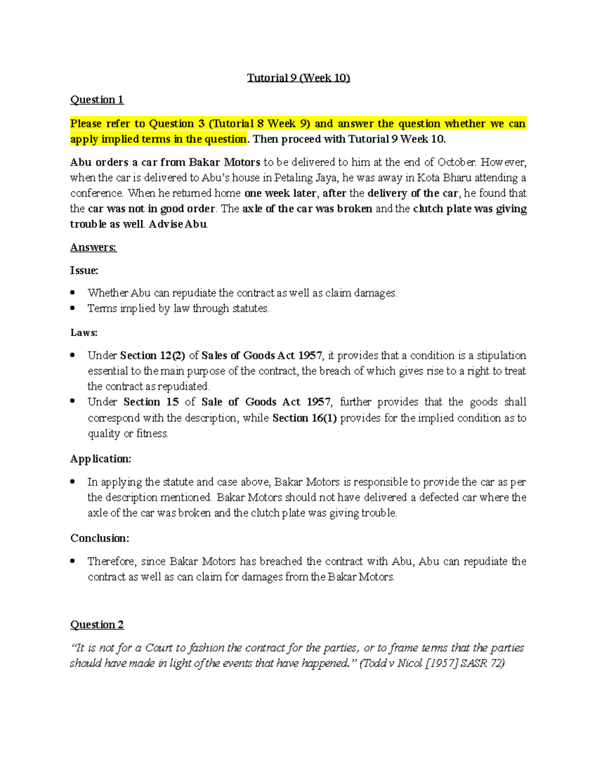 389067 Tutorial 9 (Week 10) - Contract Law I - MMU - Studocu
