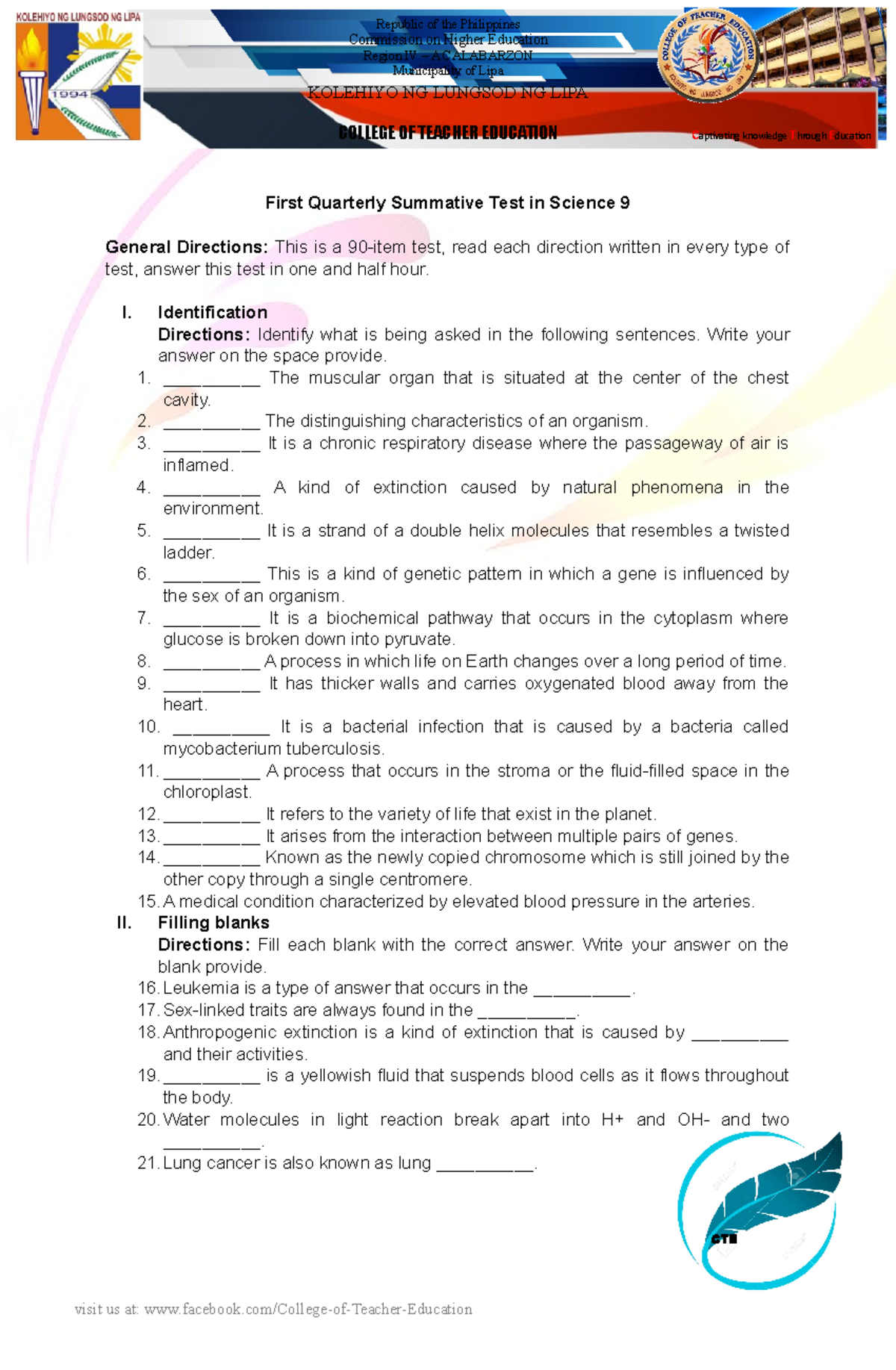 90-item-Test-in-Science-9 people of the world - First Quarterly ...