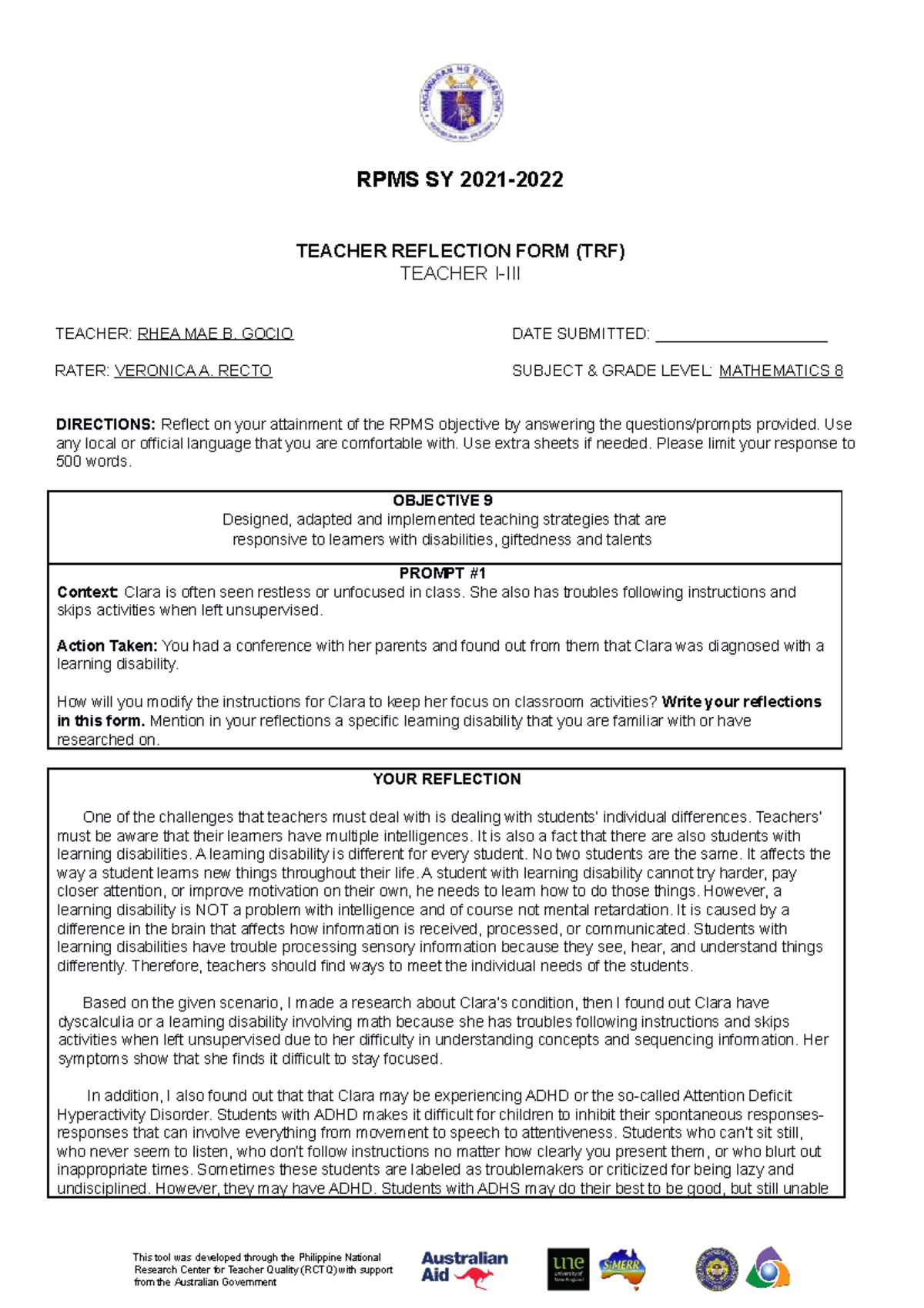 Gocio TRF FOR Objective 9and10 - TEACHER REFLECTION FORM (TRF) TEACHER ...