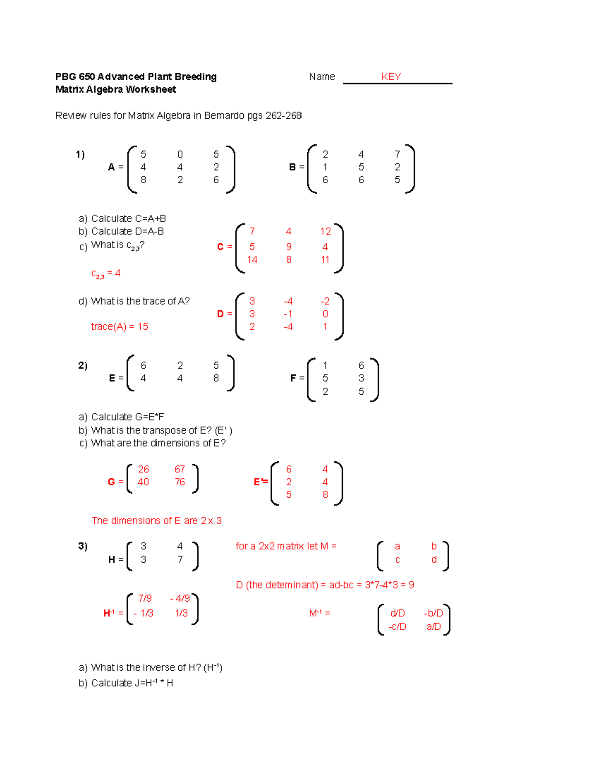 Matrix Worksheet s - PBG 650 Advanced Plant Breeding Name KEY Matrix ...